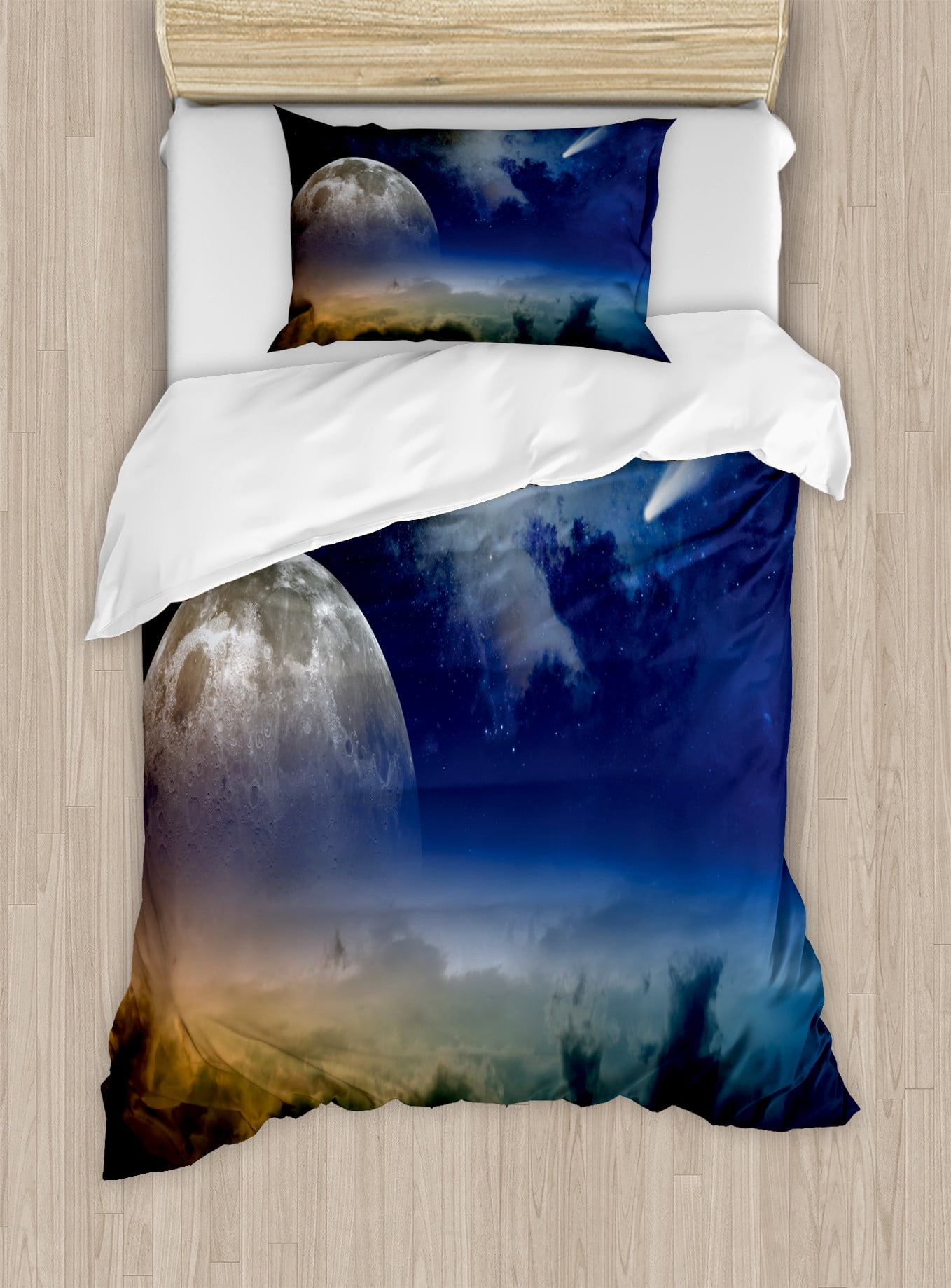 Moon Duvet Cover Set, Full Moon Rising with Shooting Star Cloudy Night ...