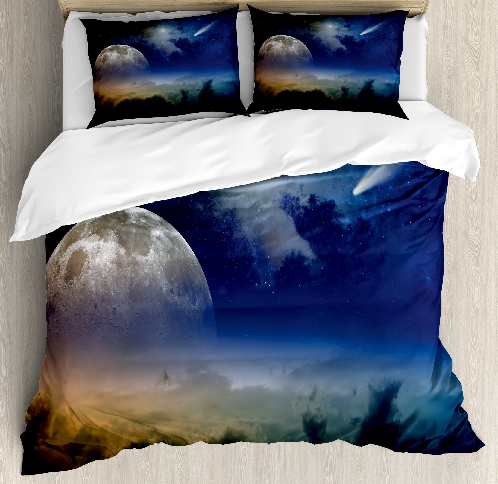 Moon Duvet Cover Set, Full Moon Rising with Shooting Star Cloudy Night ...