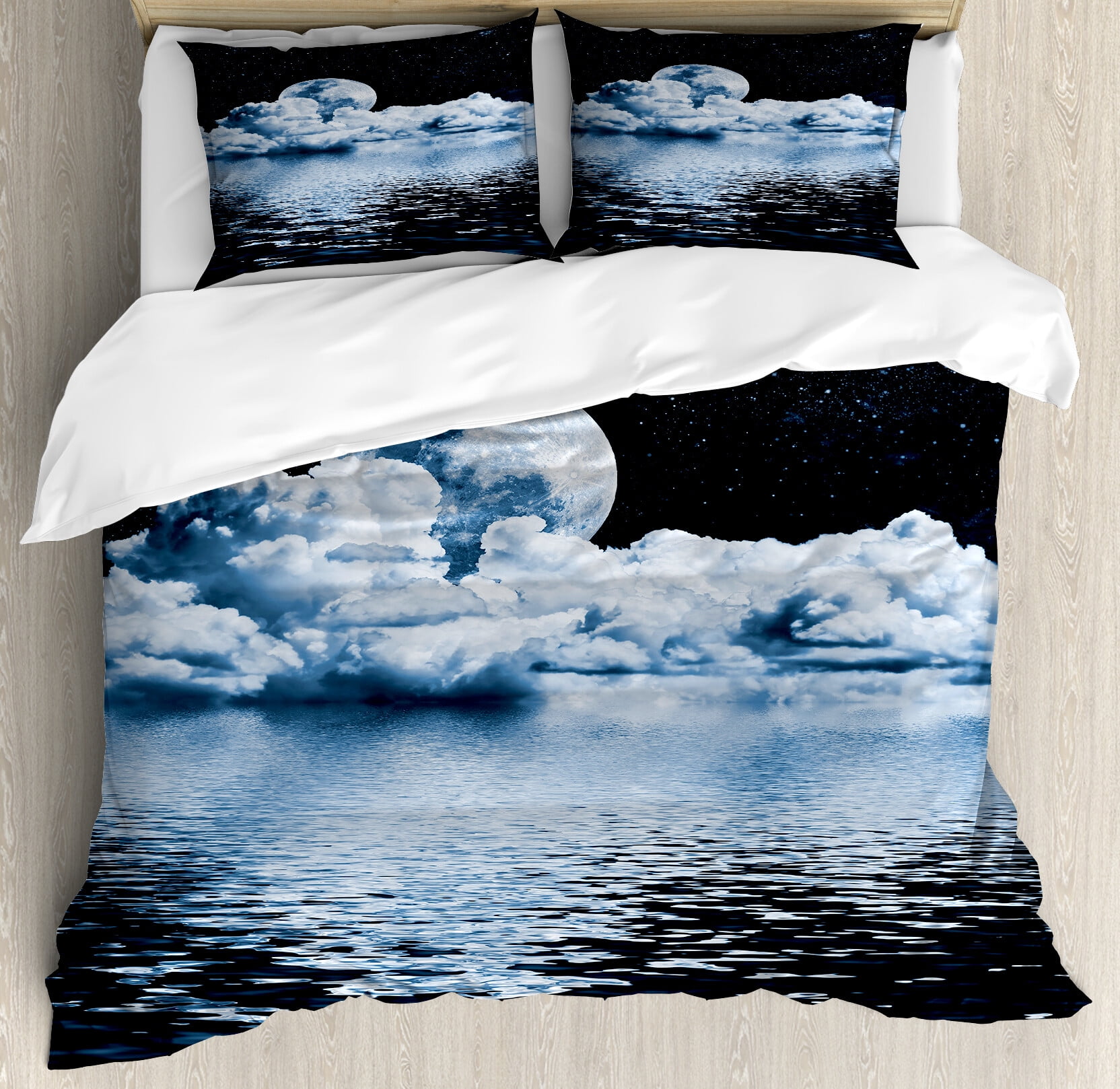 Moon Duvet Cover Set, Moon Setting over Clouds Water Reflections Stars ...