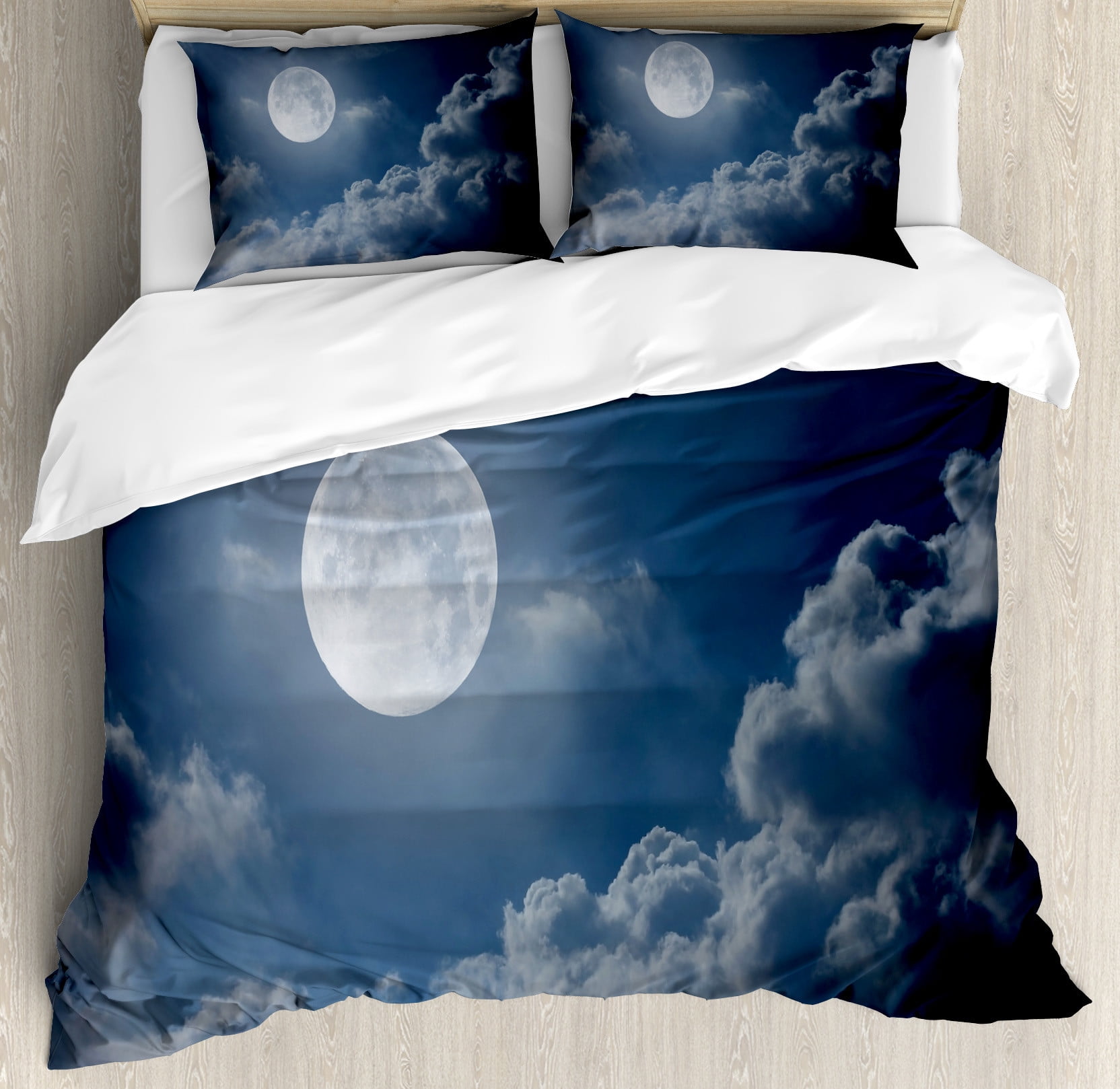 Moon Duvet Cover Set, Night Sky with Full Moon and Clouds Nature ...