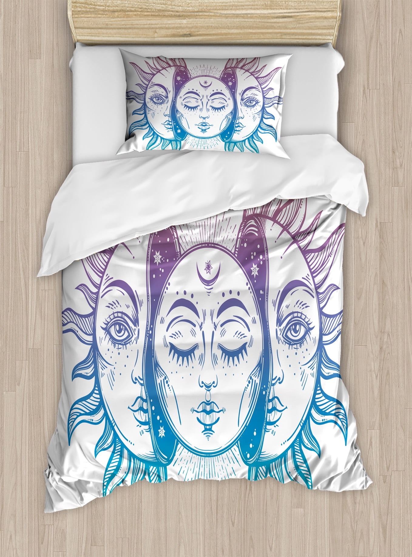 Moon Duvet Cover Set, Psychedelic Representation Heavenly Bodies Faces ...
