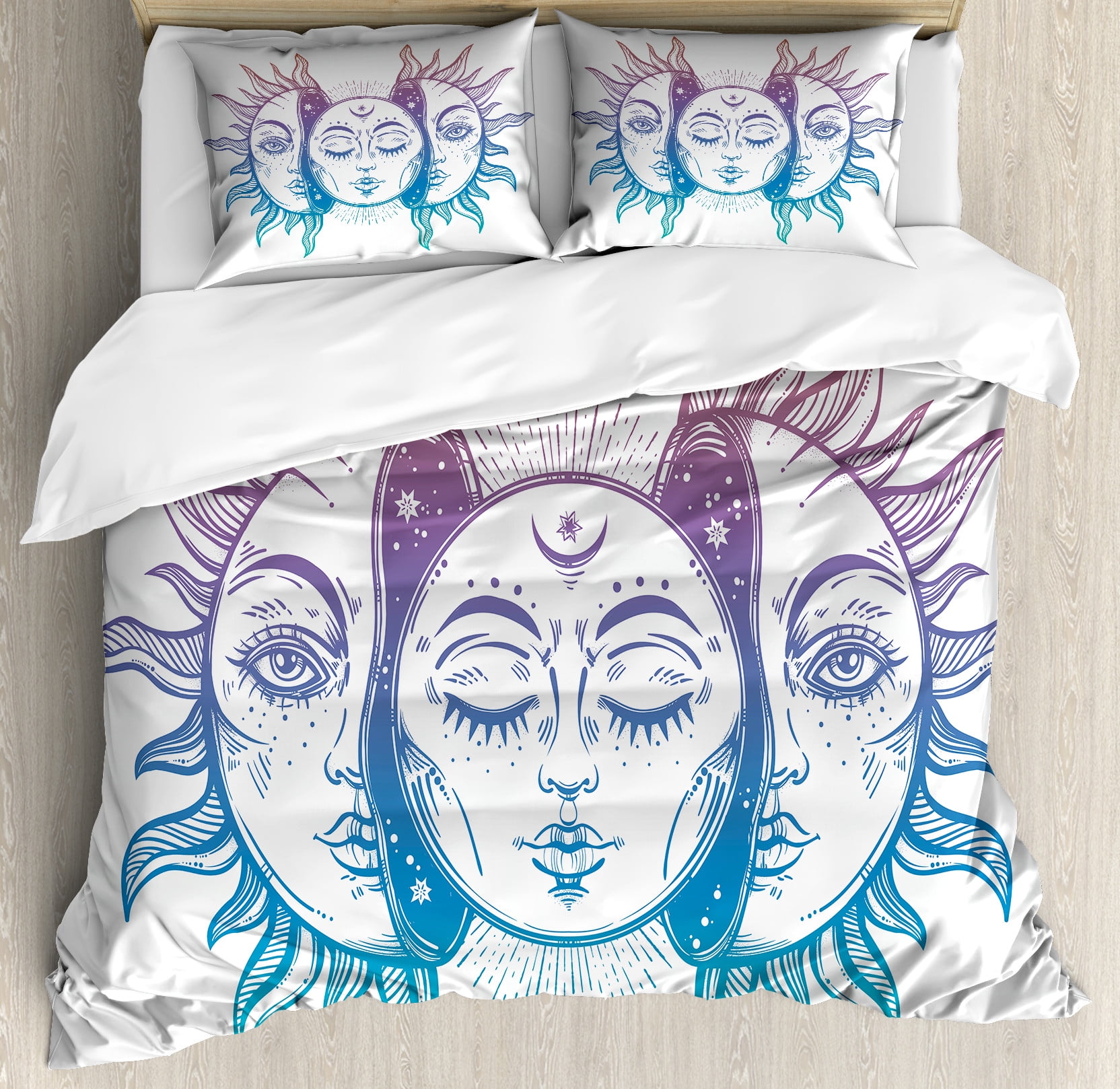 Moon Duvet Cover Set, Psychedelic Representation Heavenly Bodies Faces ...