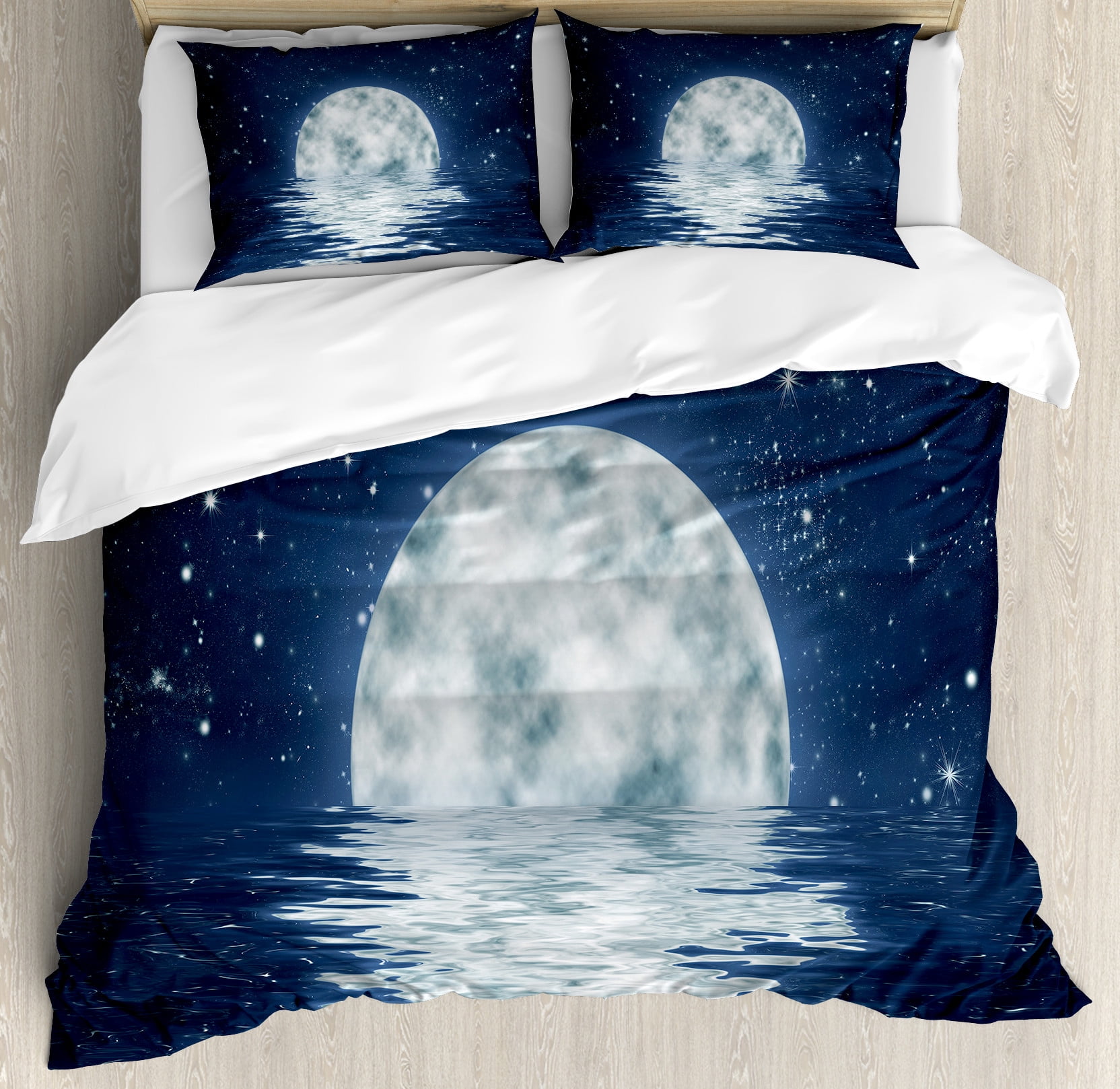 Moon Duvet Cover Set, Moon Setting over the Sea with Waves Night Sky ...