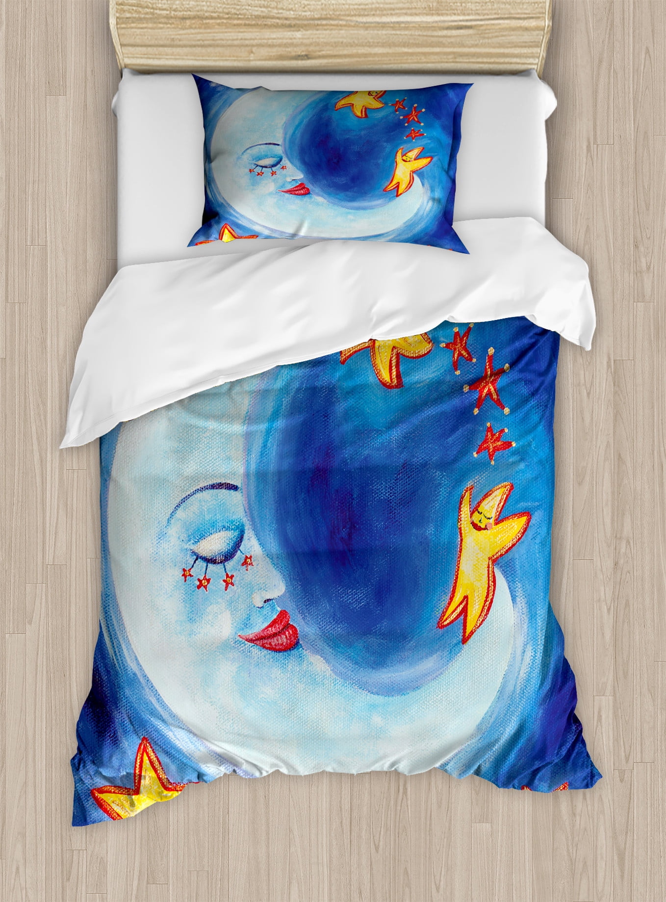 Moon Duvet Cover Set, Vibrant Happy Dancing Stars and Sleepy Celestial ...