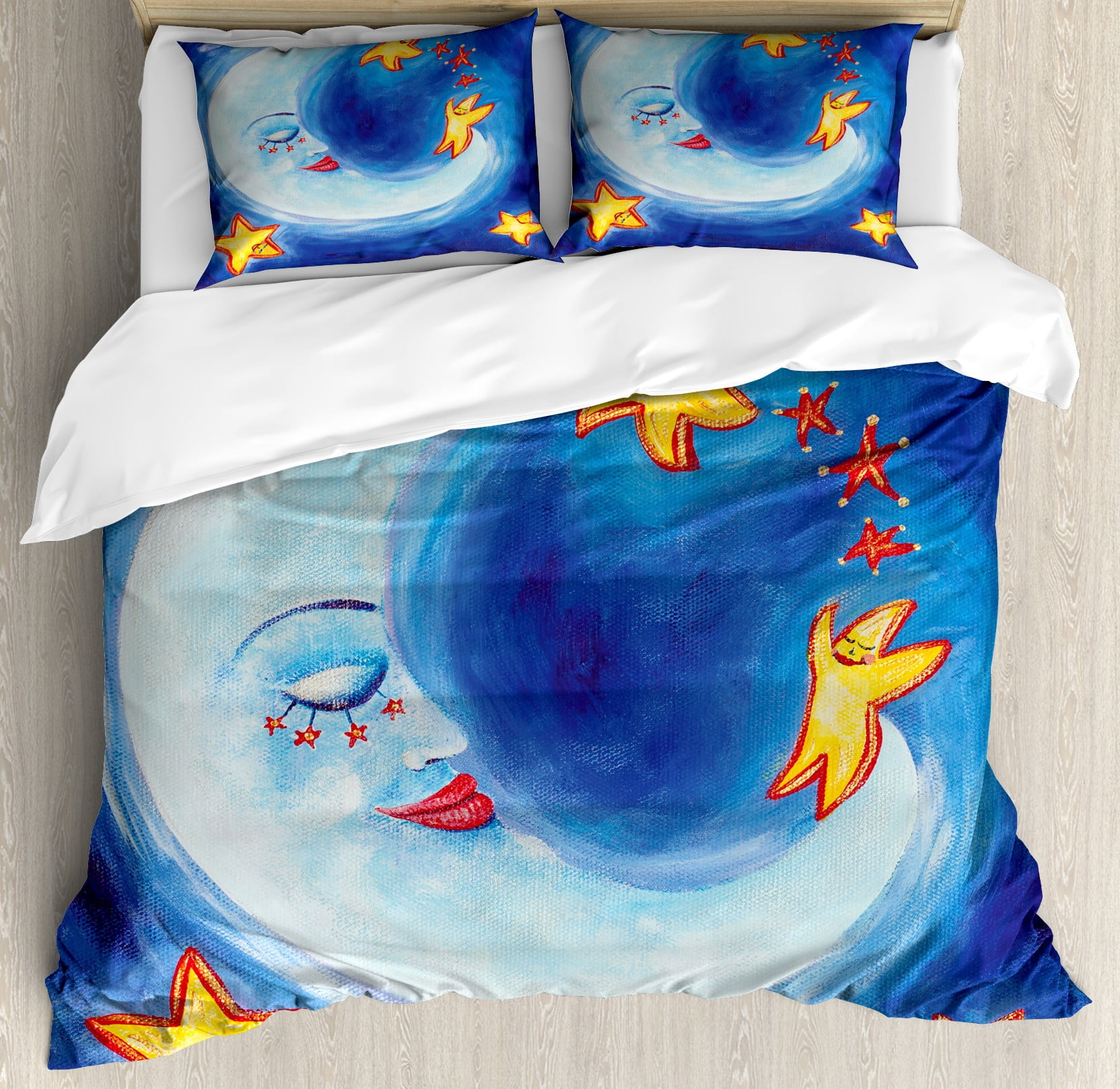 Moon Duvet Cover Set, Vibrant Happy Dancing Stars and Sleepy Celestial ...