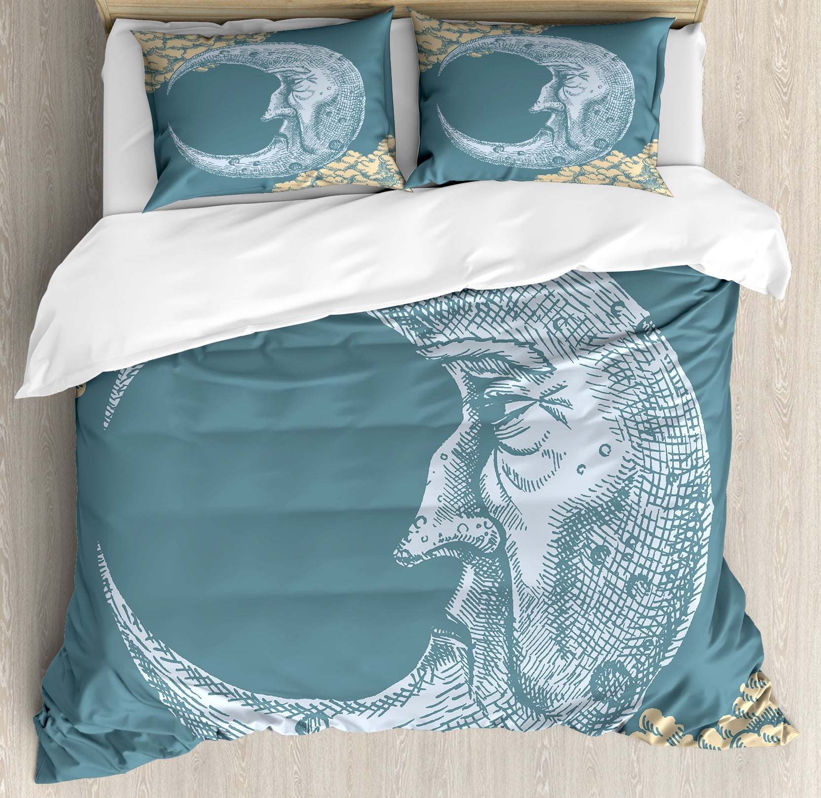 Moon Duvet Cover Set, Vintage Crescent Moon with Grumpy Facial ...