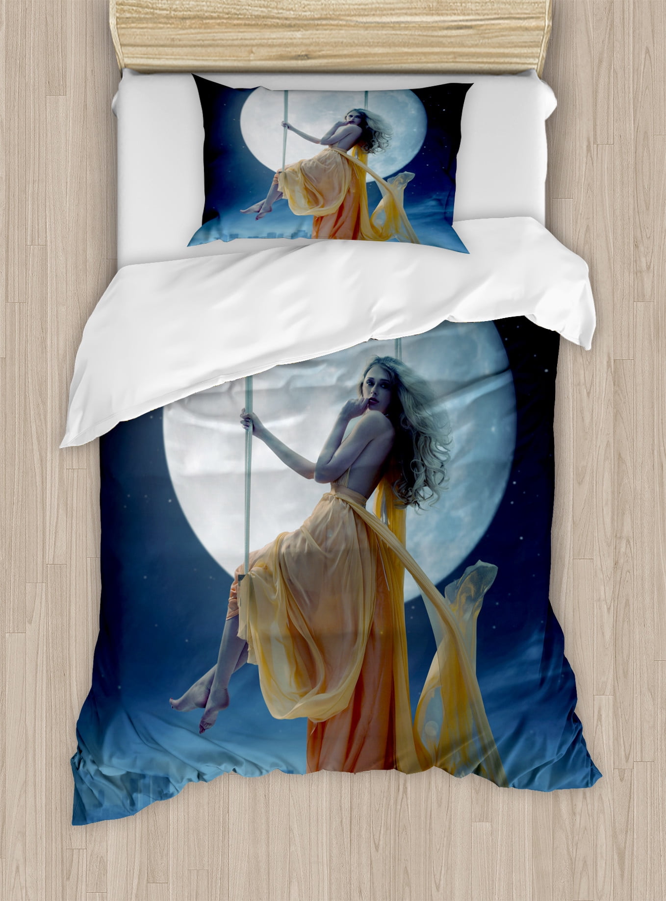 Moon Duvet Cover Set, Yellow Haired Woman on a Swing in the Sky the ...