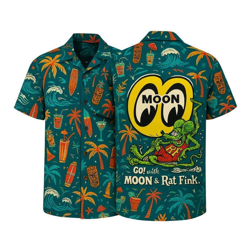 Moon Eyes x Rat Fink Hawaiian Shirt, Retro Hot Rod Aloha Button-Up with ...
