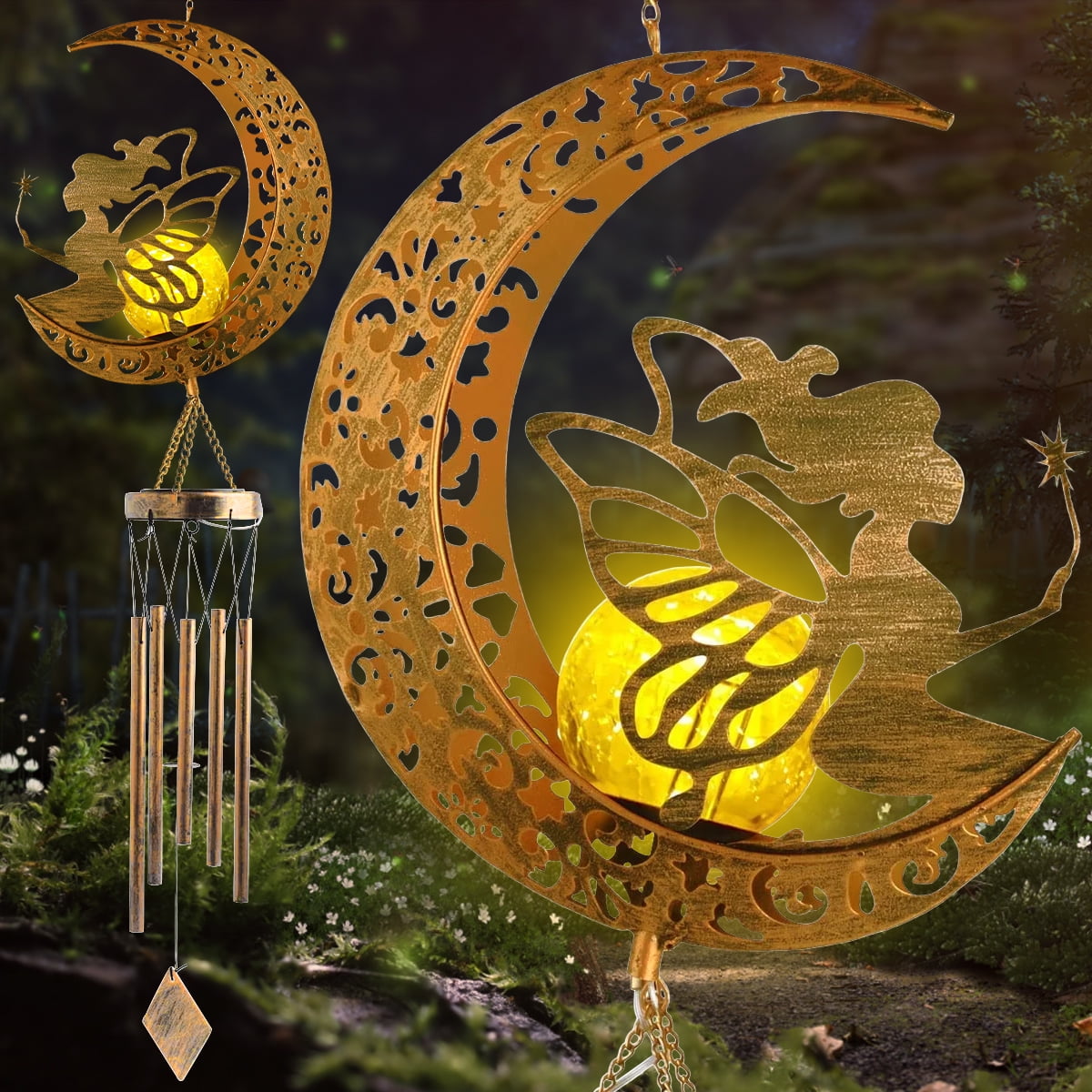 Moon Fairy Wind Chimes, Outdoor Crackle Glass Ball Solar Wind Chimes ...