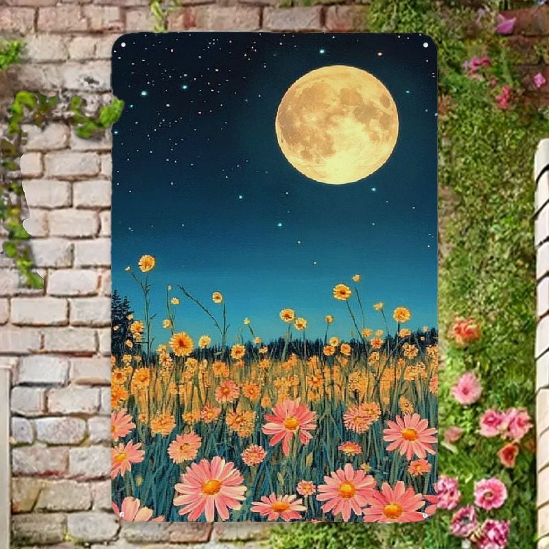 Moon With Flowers And Night Sky Themed Metal Sign, 8*12 Inches, Retro ...