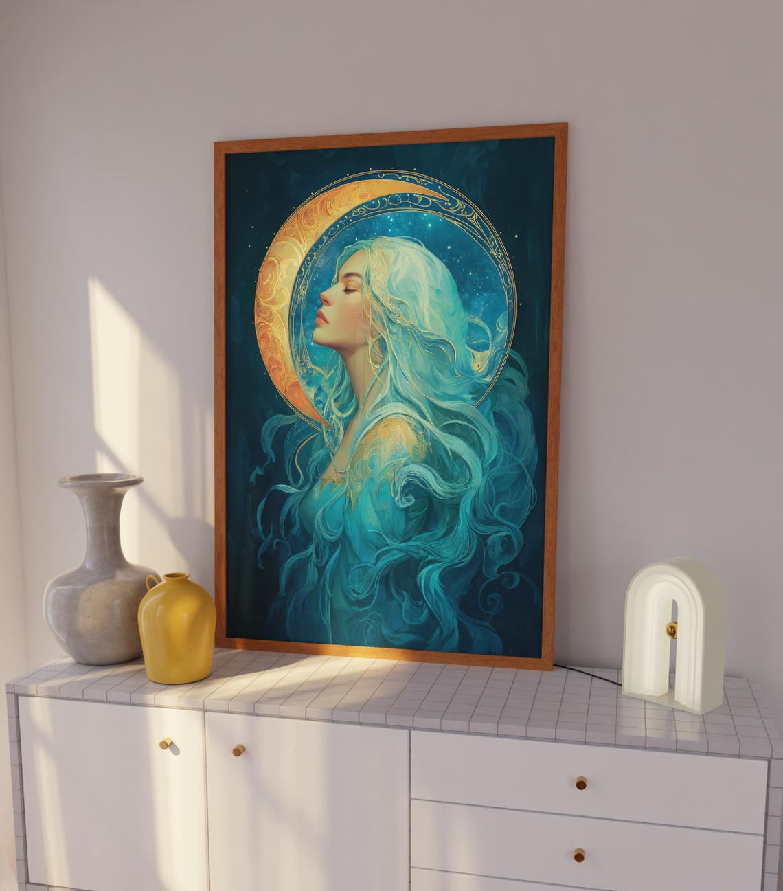 Moon Goddess Fantasy Art Print, Retro Celestial Woman Aesthetic Wall ...