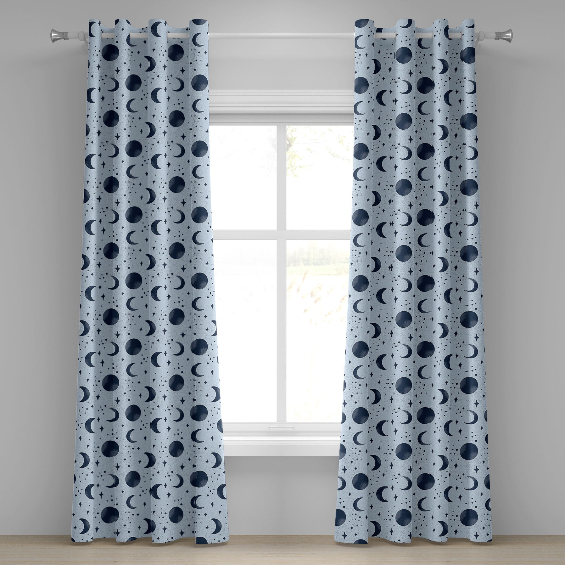 Moon Grommet Curtain, Grunge Night Time Stars with Full and Crescent ...