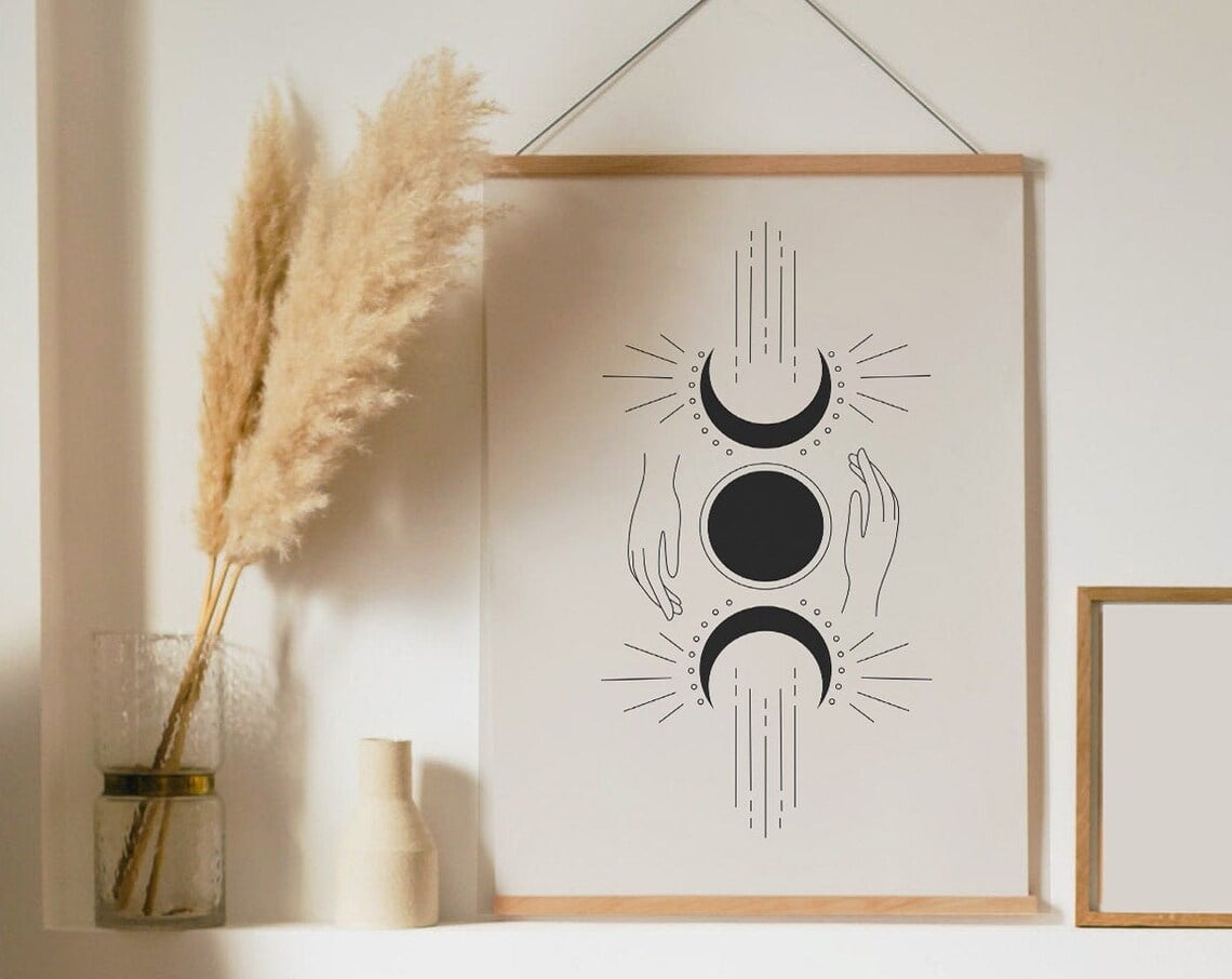 Moon Hand Art Print, Line Drawing Celestial, Moon Phases Poster, Hand ...