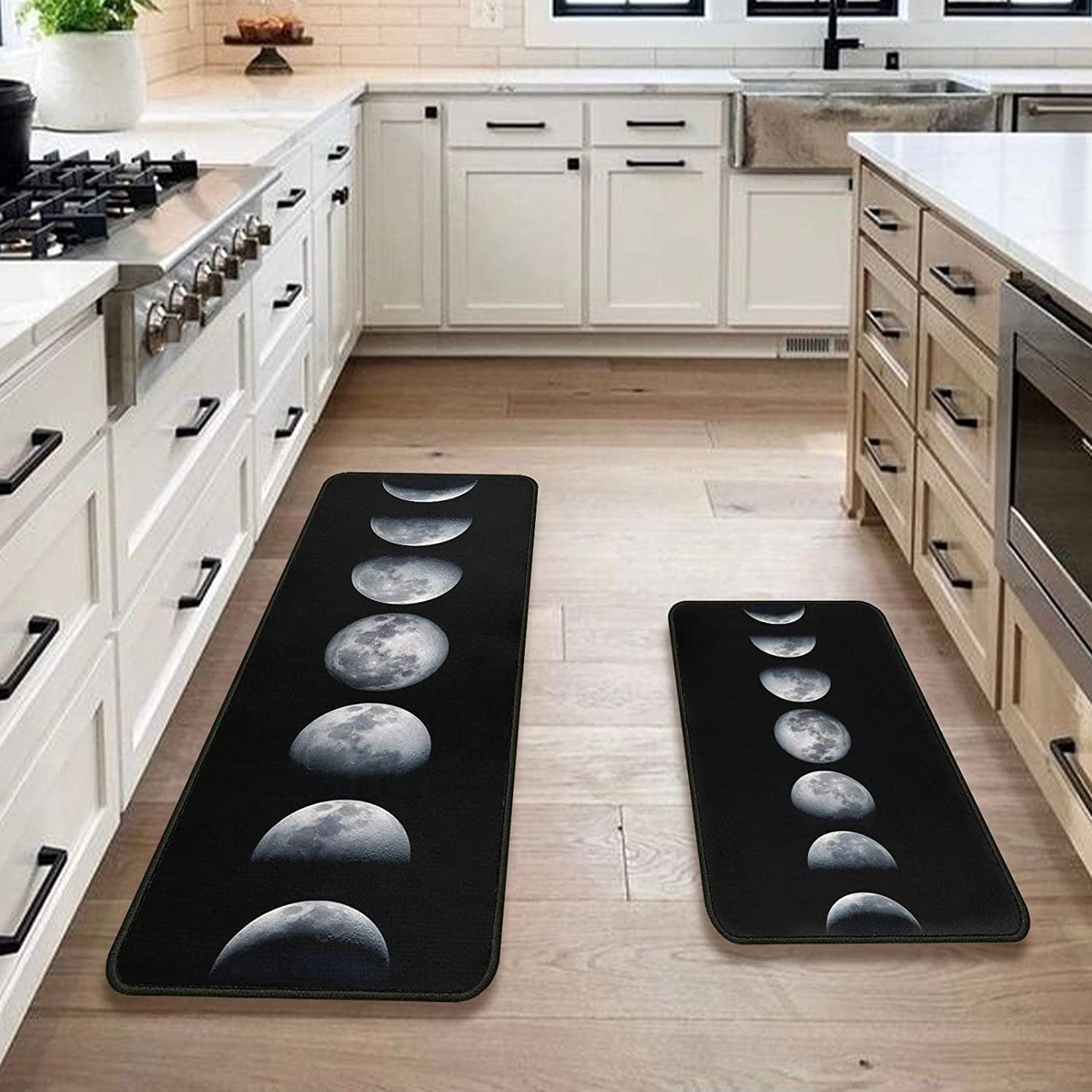 Moon Kitchen Rugs Set 2 Pieces Black Non Skid Kitchen Floor Rug and Mat ...