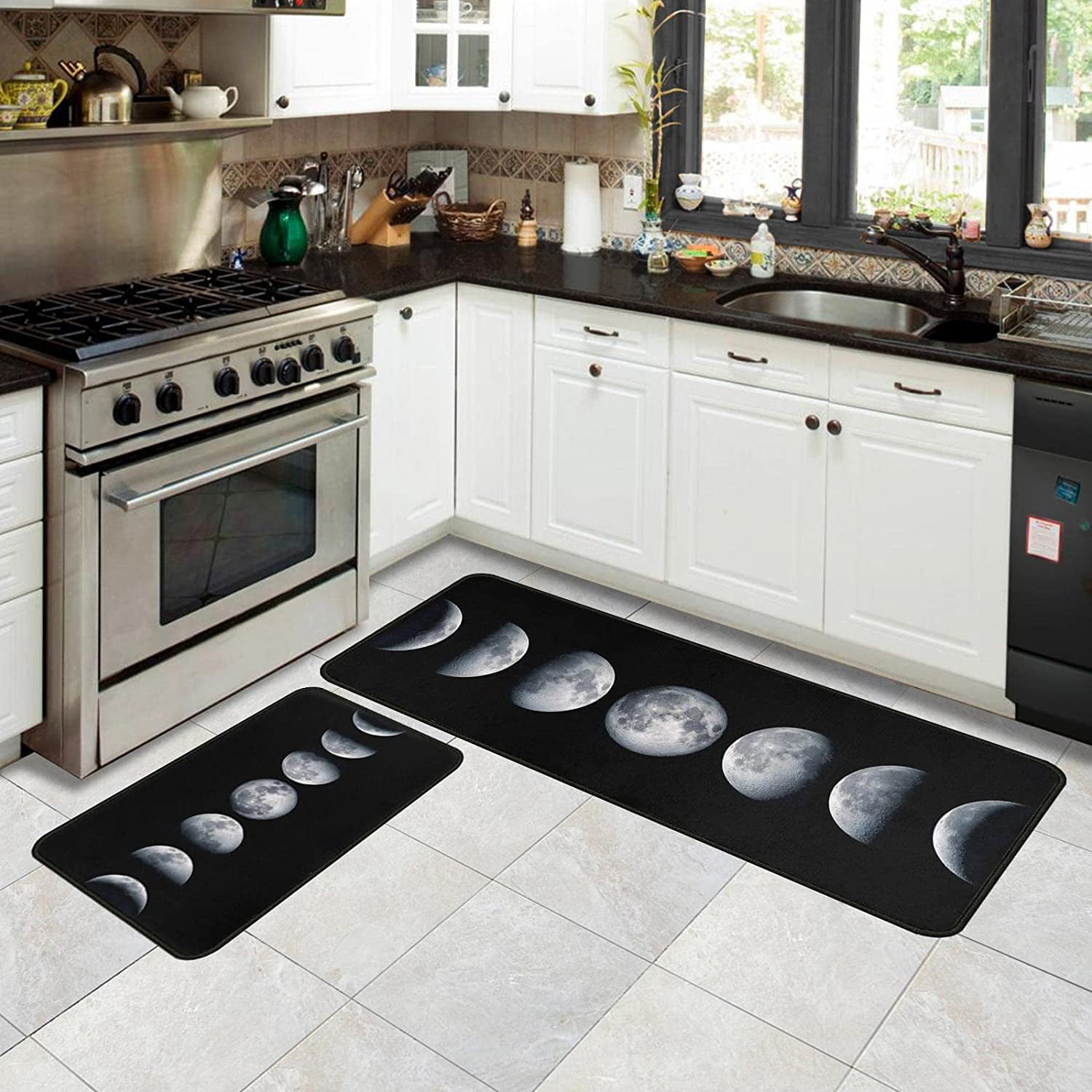 Moon Kitchen Rugs Set 2 Pieces Black Non Skid Kitchen Floor Rug and Mat ...
