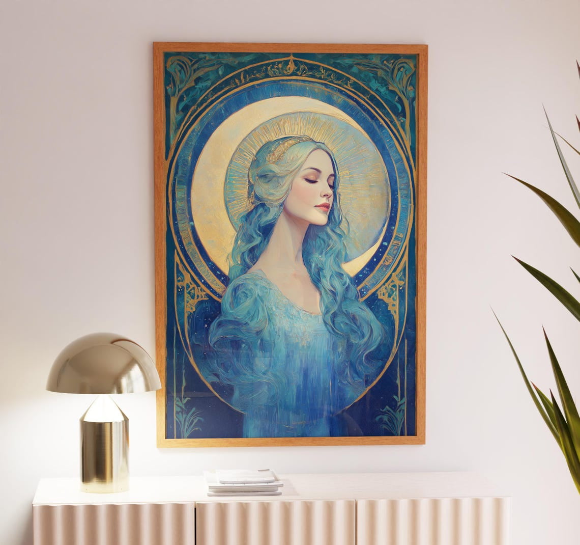 Moon Lady Print, Retro Celestial Moon Goddess, Crescent Moon Poster ...