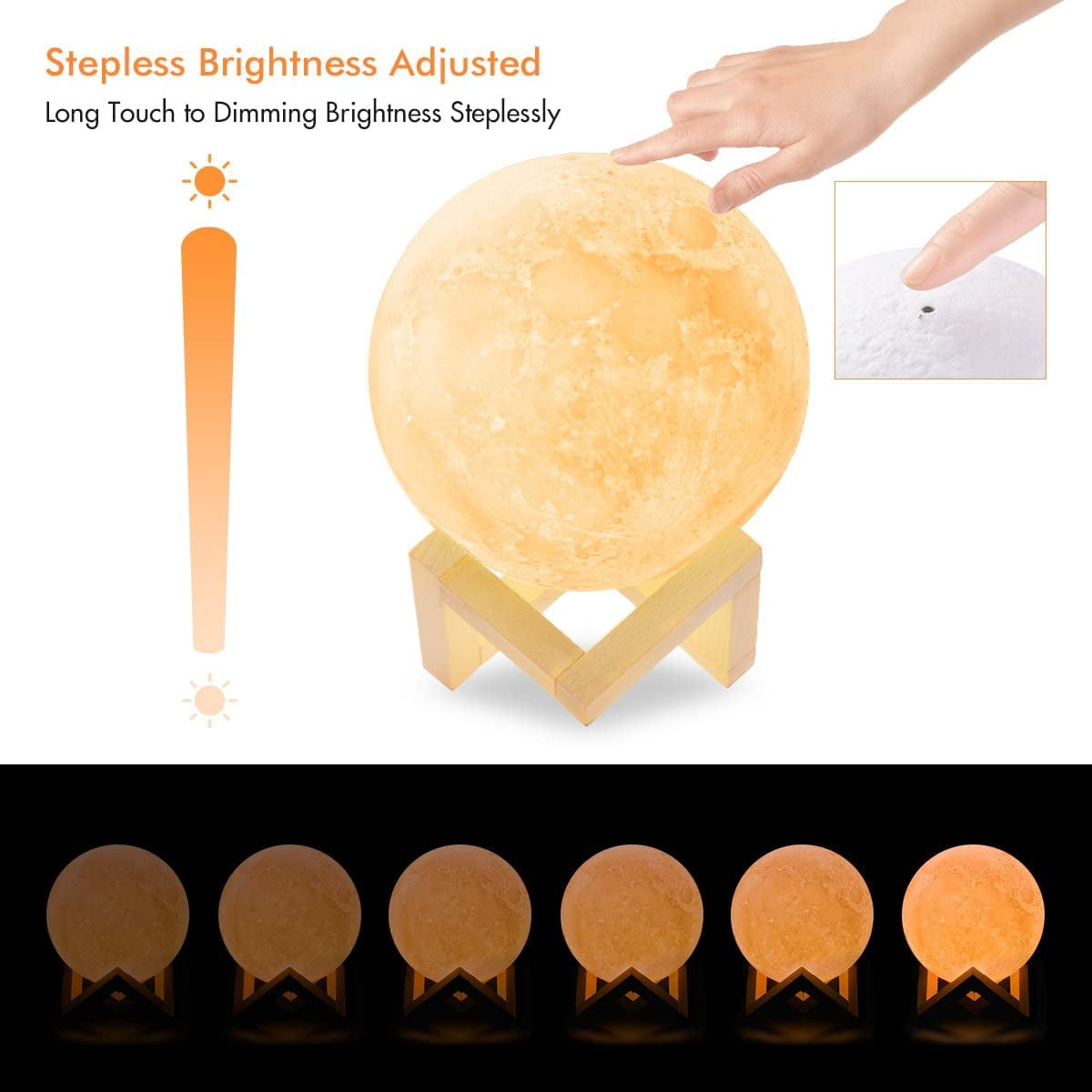 Moon Lamp-Warm and White Touch Control Brightness with Wooden Mount ...