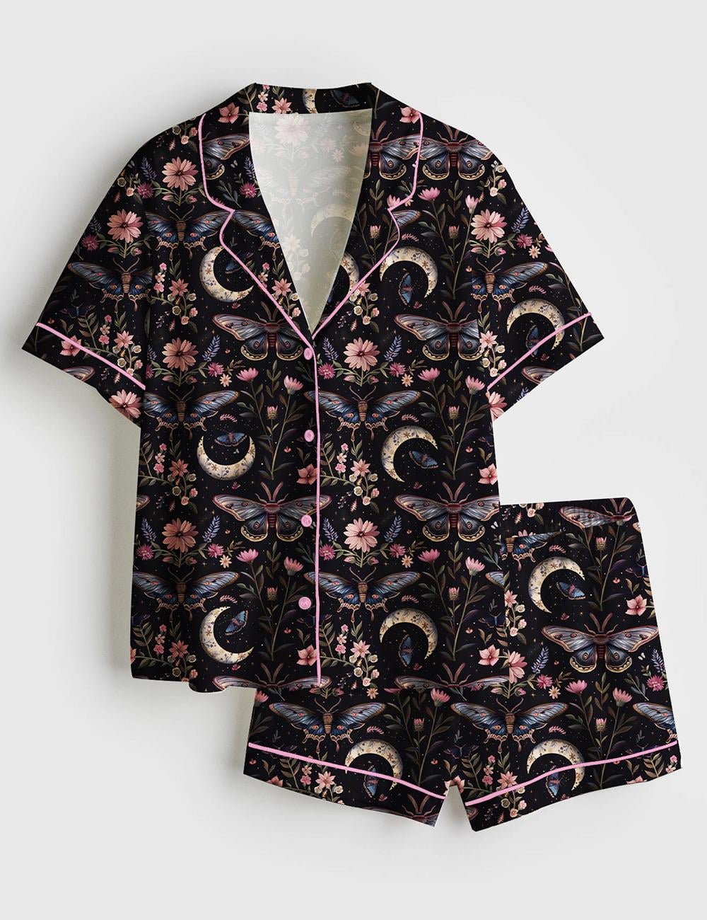 Moon & Moth Print Pajama Set | Short & Long Pants Boho Sleepwear for ...