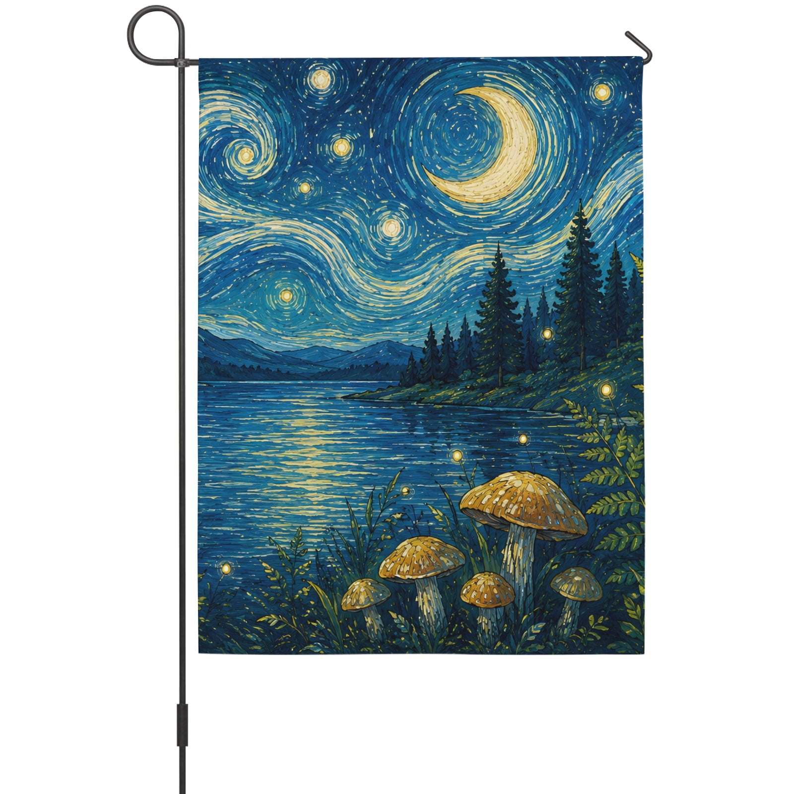 Moon Mushrooms Pine Trees House Flags For Outdoor, Night Nature Lake ...