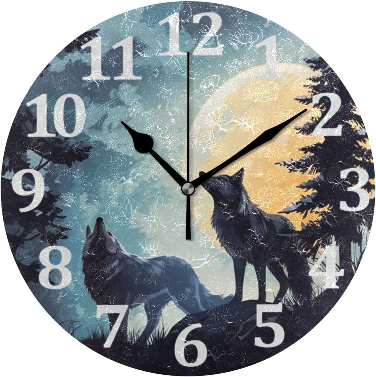 Moon Night Forest Wolf Wall Clock Round Vintage Silent Non Ticking Battery Operated Accurate ...