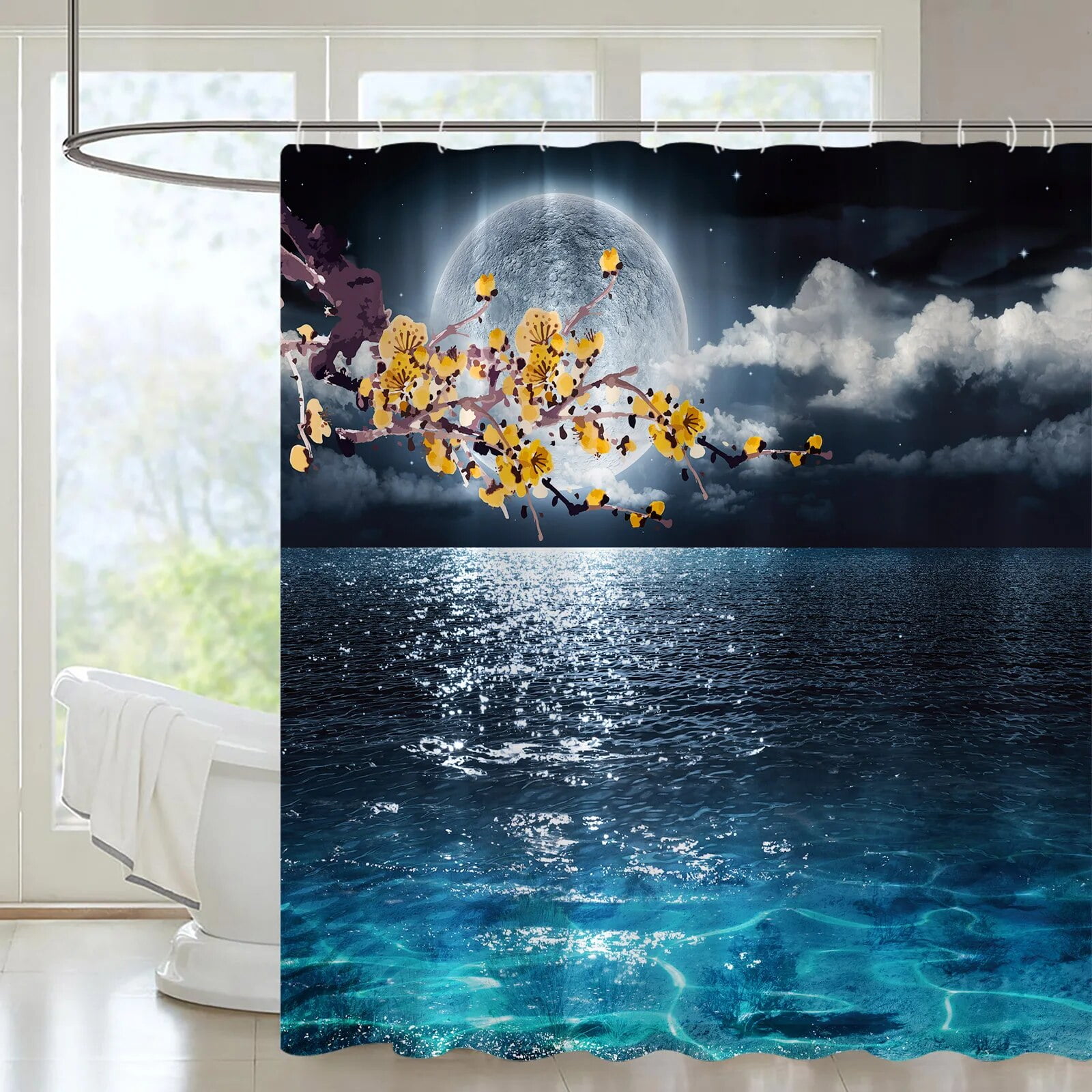 Moon Night Sea Landscape Shower Curtains Set Blue Ocean Landscape ...