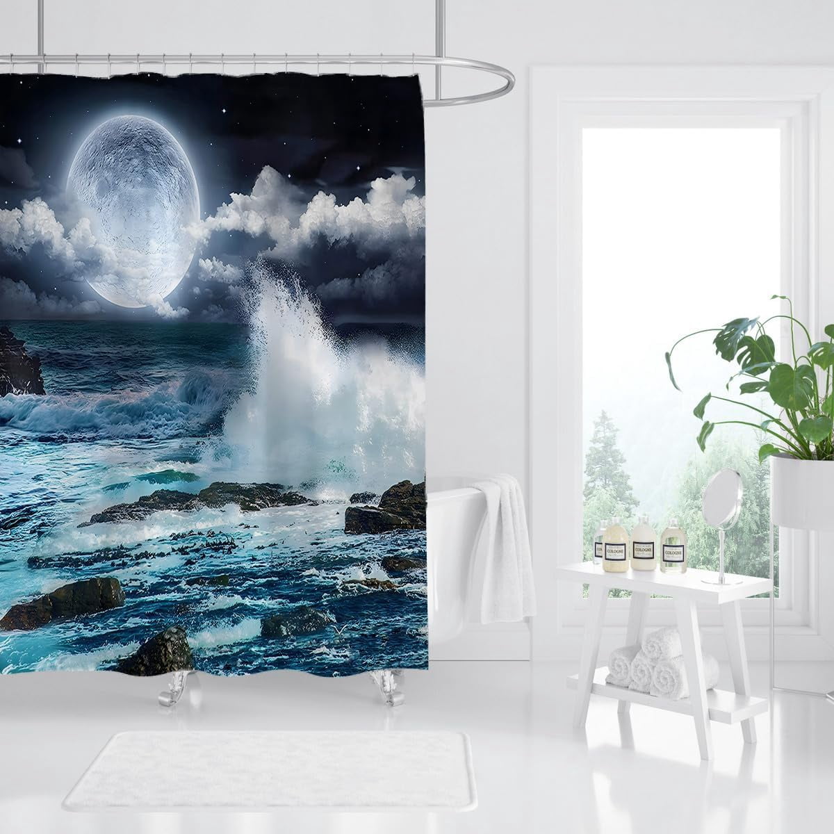 Moon Ocean Wavy Shower Curtain Sea Rock,Full Moon Starry Night Scenery ...