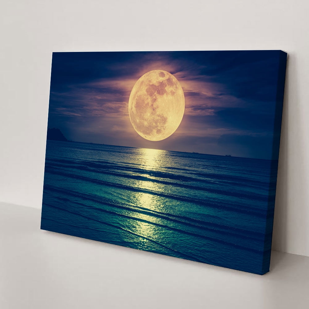 Moon Painting Wall Art Canvas Moonrise at Sea Ocean Framed Canvas for ...