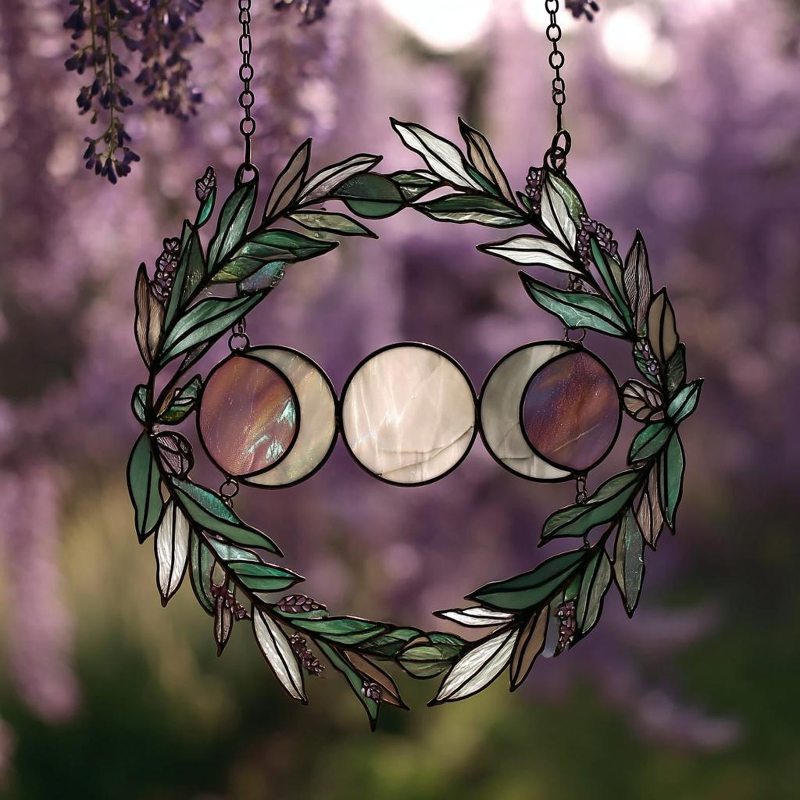 Moon Phase Faux Stained Glass Suncatcher – Acrylic Celestial Window Decor With Crescent Wreath ...