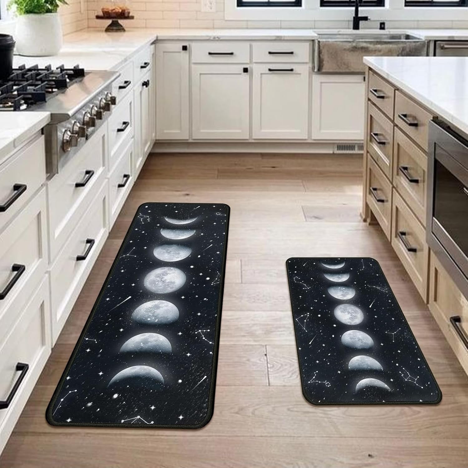Moon Phase Kitchen Rugs Set 2 Pieces Black Non Skid Kitchen Floor Rug ...
