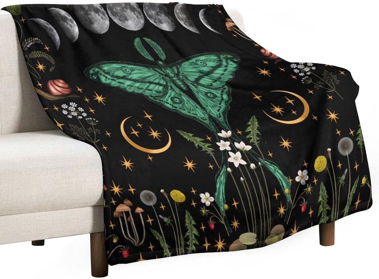 Moon Phase Moth Blanket, Vintage Botanical Mushroom Wildflower Gothic ...