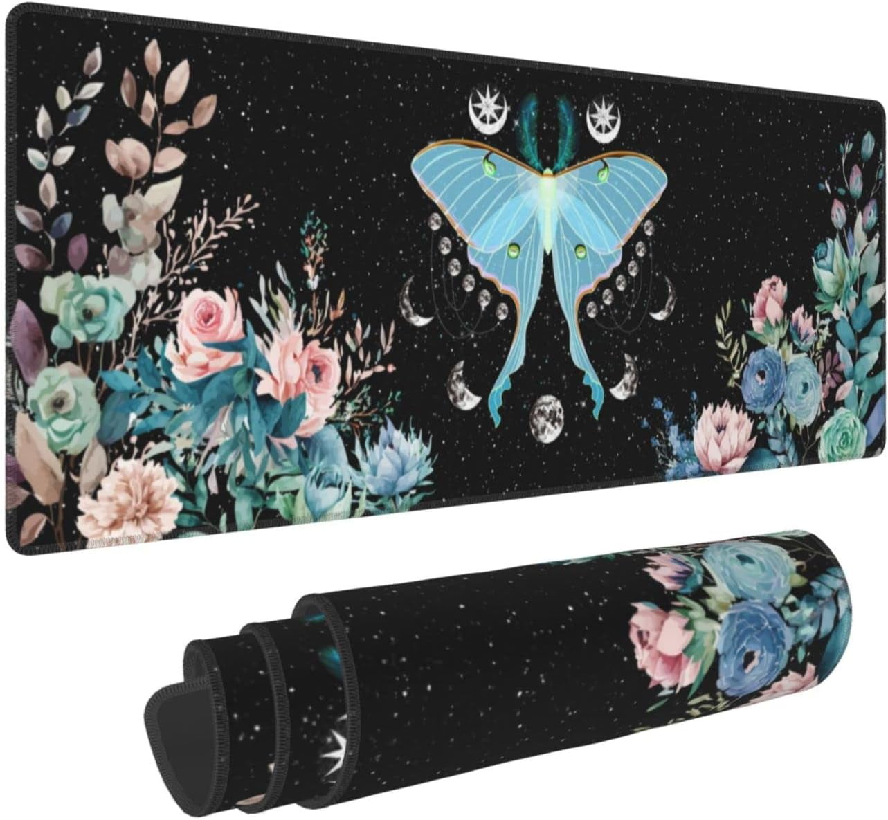 Moon Phase Moth Flower Floral Garden Black Gaming Keyboard Mouse Pad ...