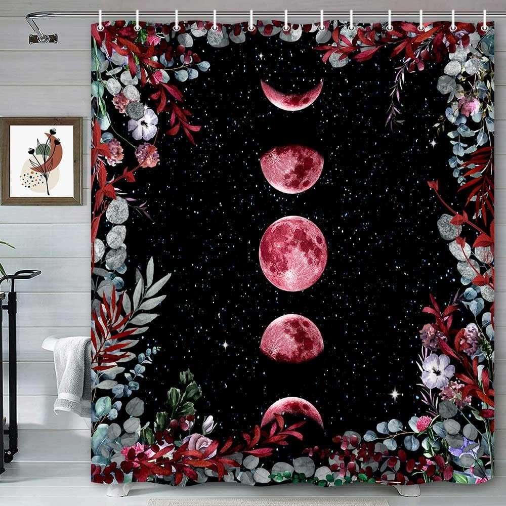 Moon Phase Shower Curtain, Aesthetic Red Moon Moonlit Celestial Night ...