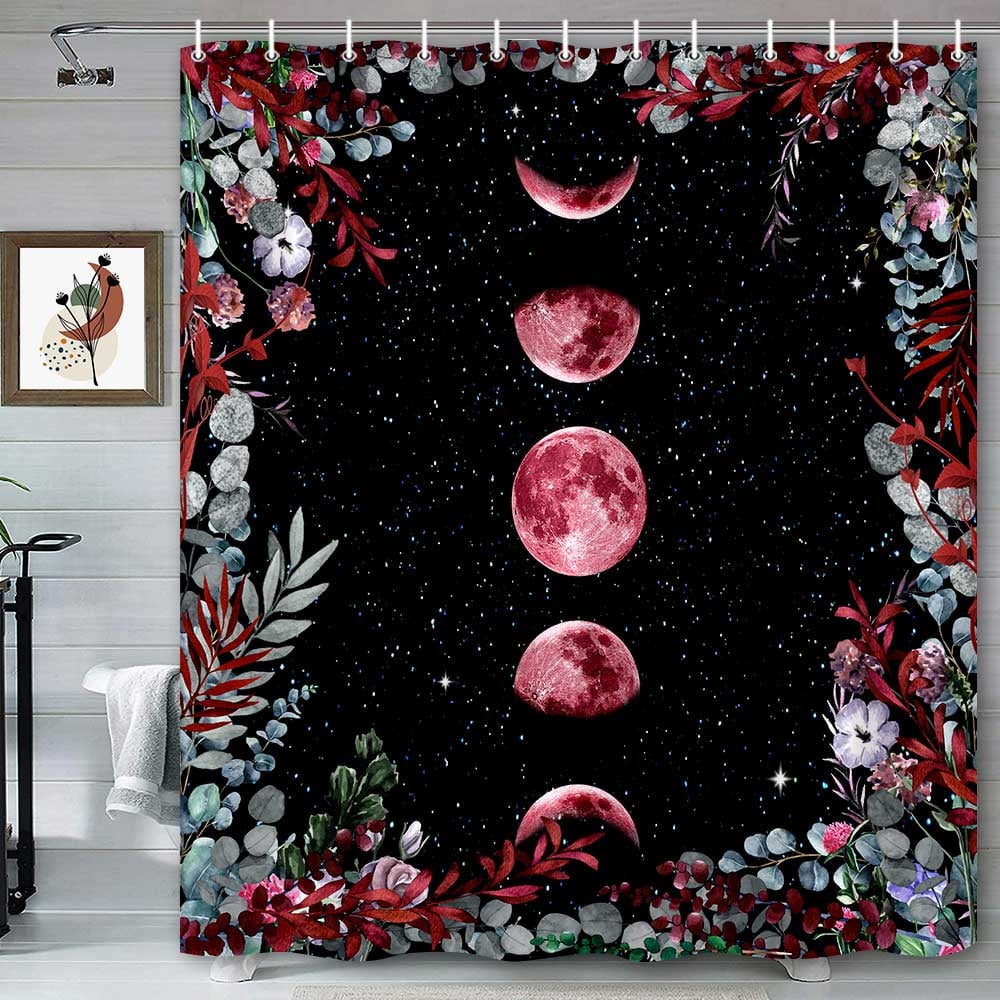Moon Phase Shower Curtain, Aesthetic Red Moon Moonlit Celestial Night ...