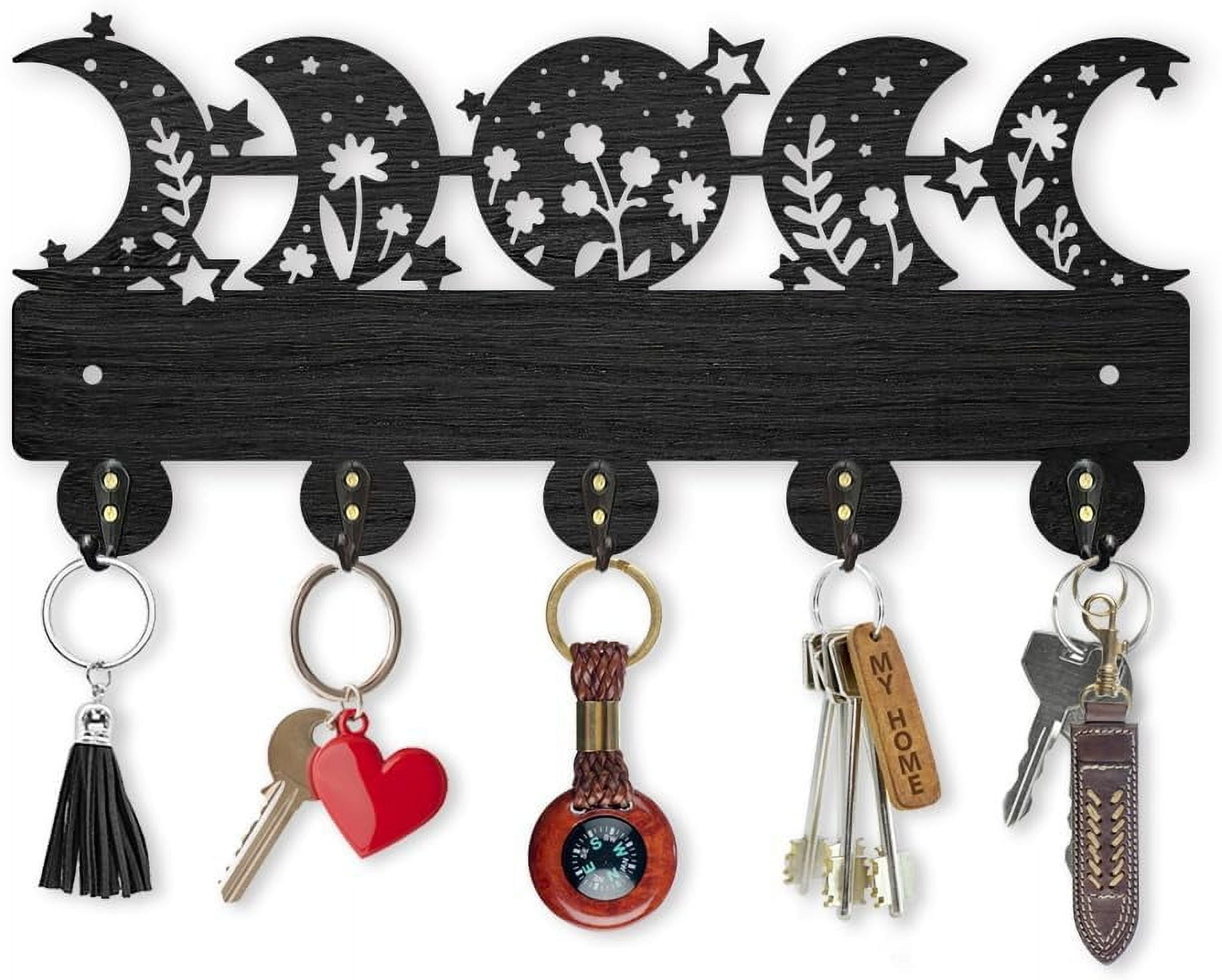 Moon Phase Star Coat Rack Wall Mount Wooden Floral Moon Key Holder for ...