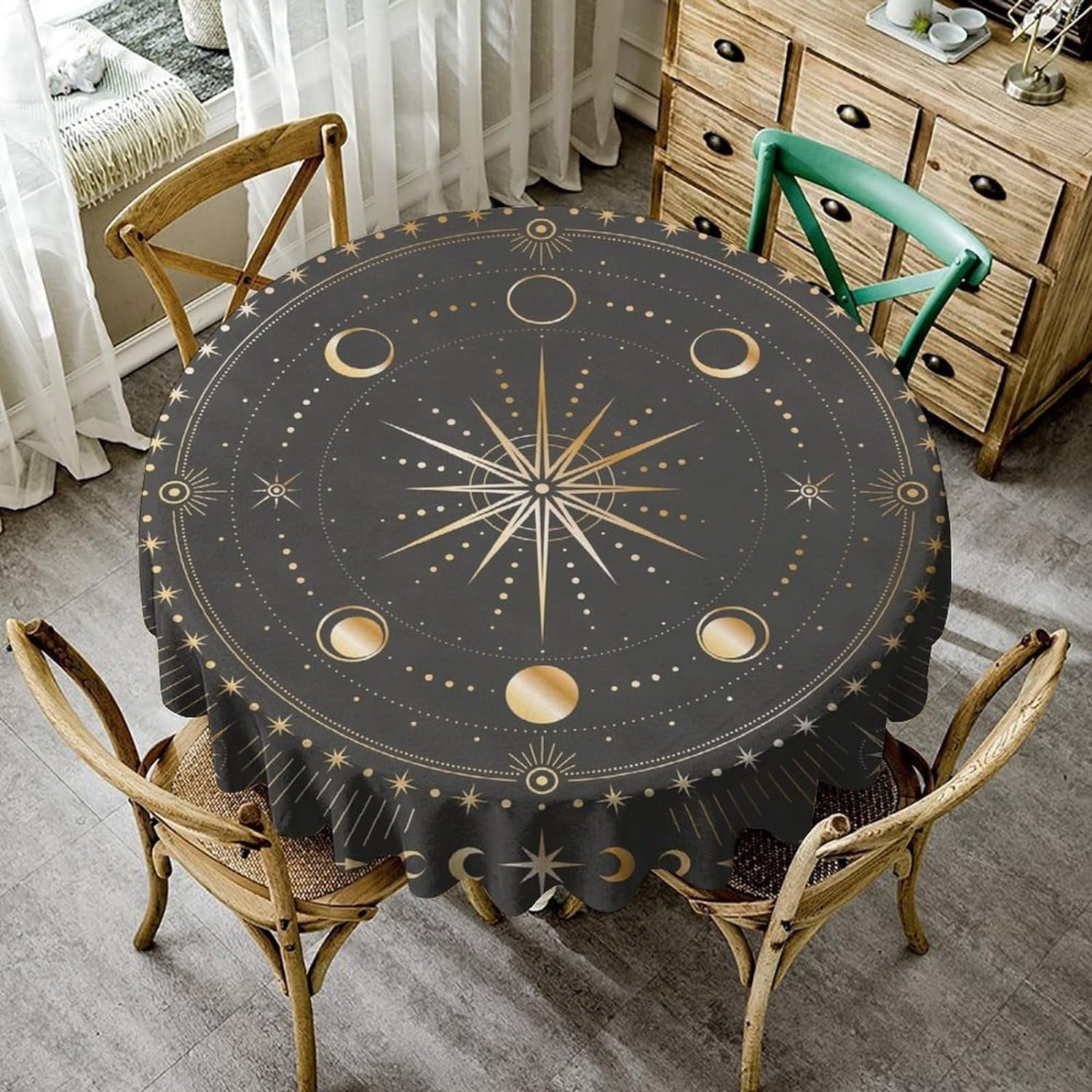 Moon Phase Table Cloth, Gold Galaxy Sun Moon Mystic Celestial Tarot ...
