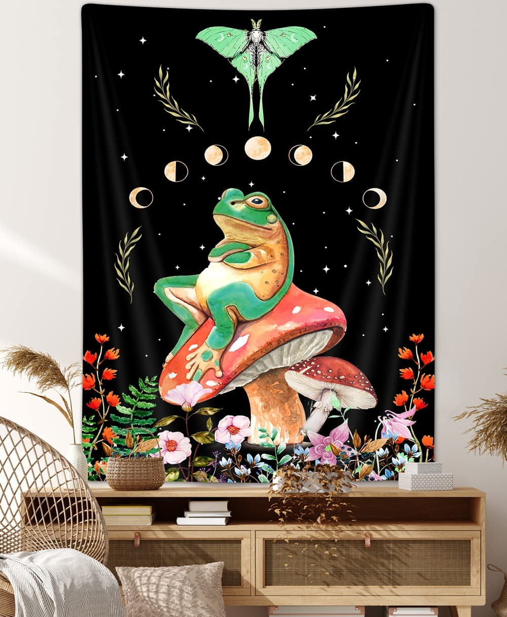 Moon Phase, Mushroom, Frog, Butterfly Vertical Tapestry, Sun and Moon ...