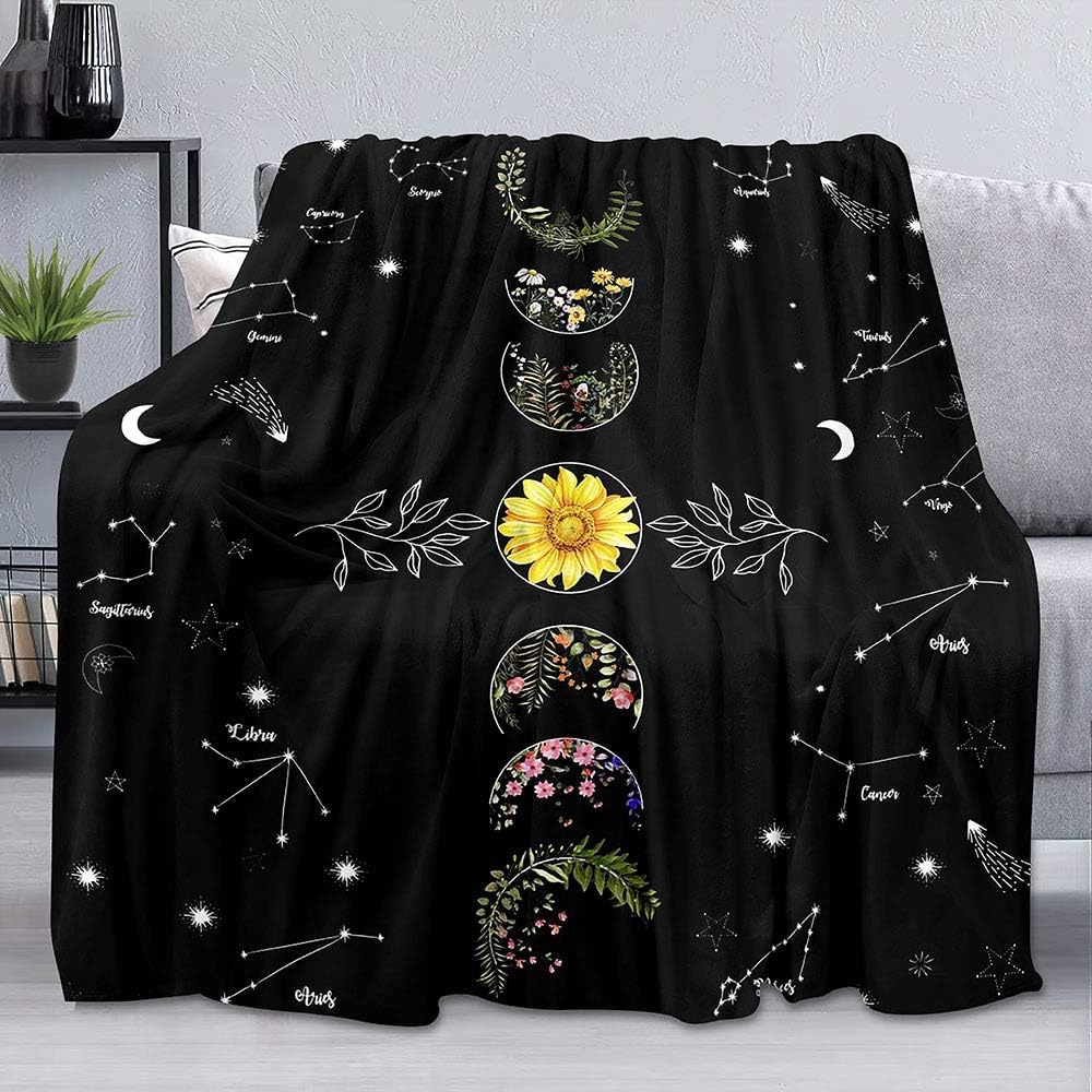 Moon Phase Throw Blanket, Sunflower Floral Botanical Starry Sky ...