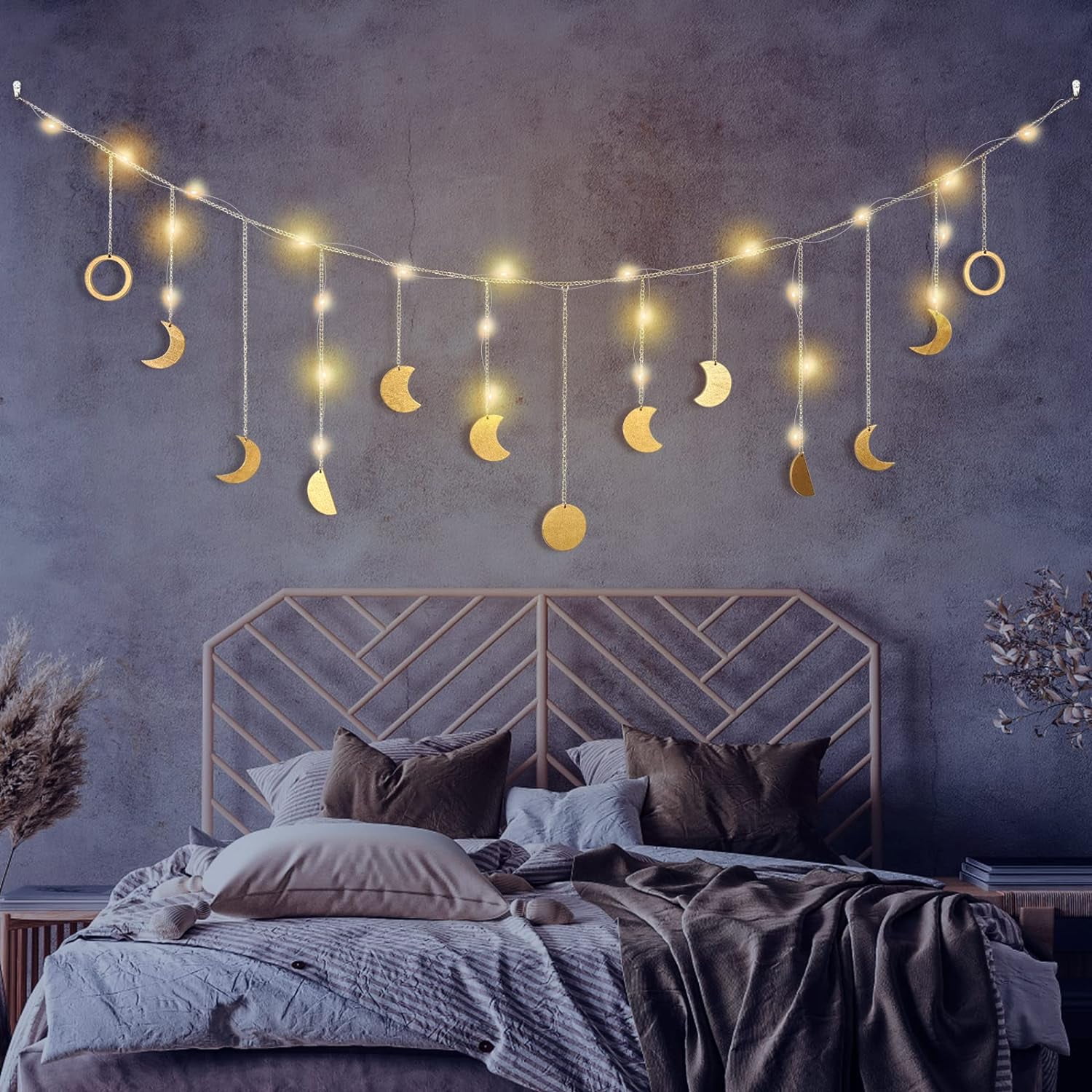 Moon Phase Wall Decor with LED String Light, 13 Gold Wood Boho Wall ...