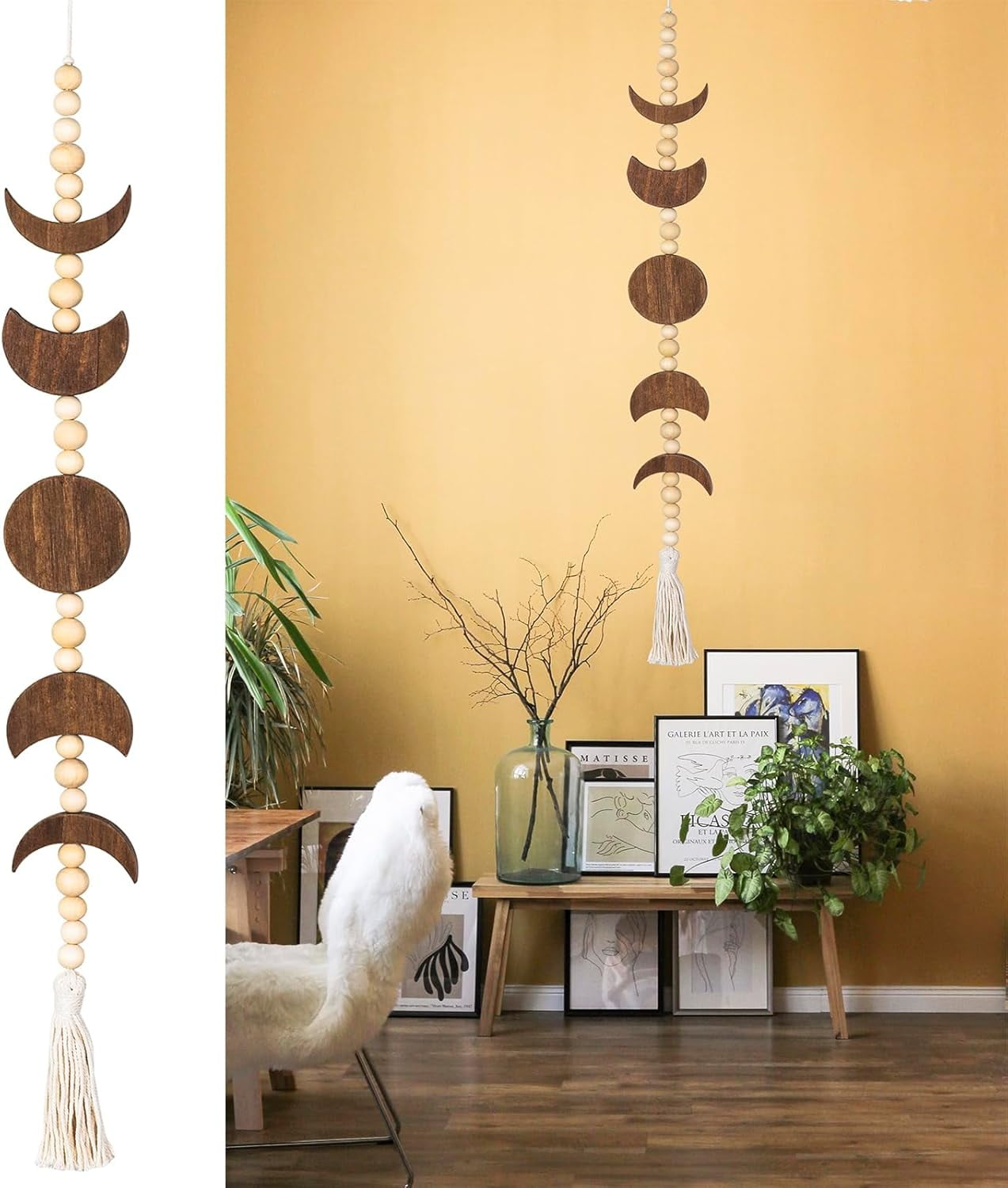 Moon Phase Wall Hanging Wood Beaded with Tassel,Phases of The Moon,Boho ...