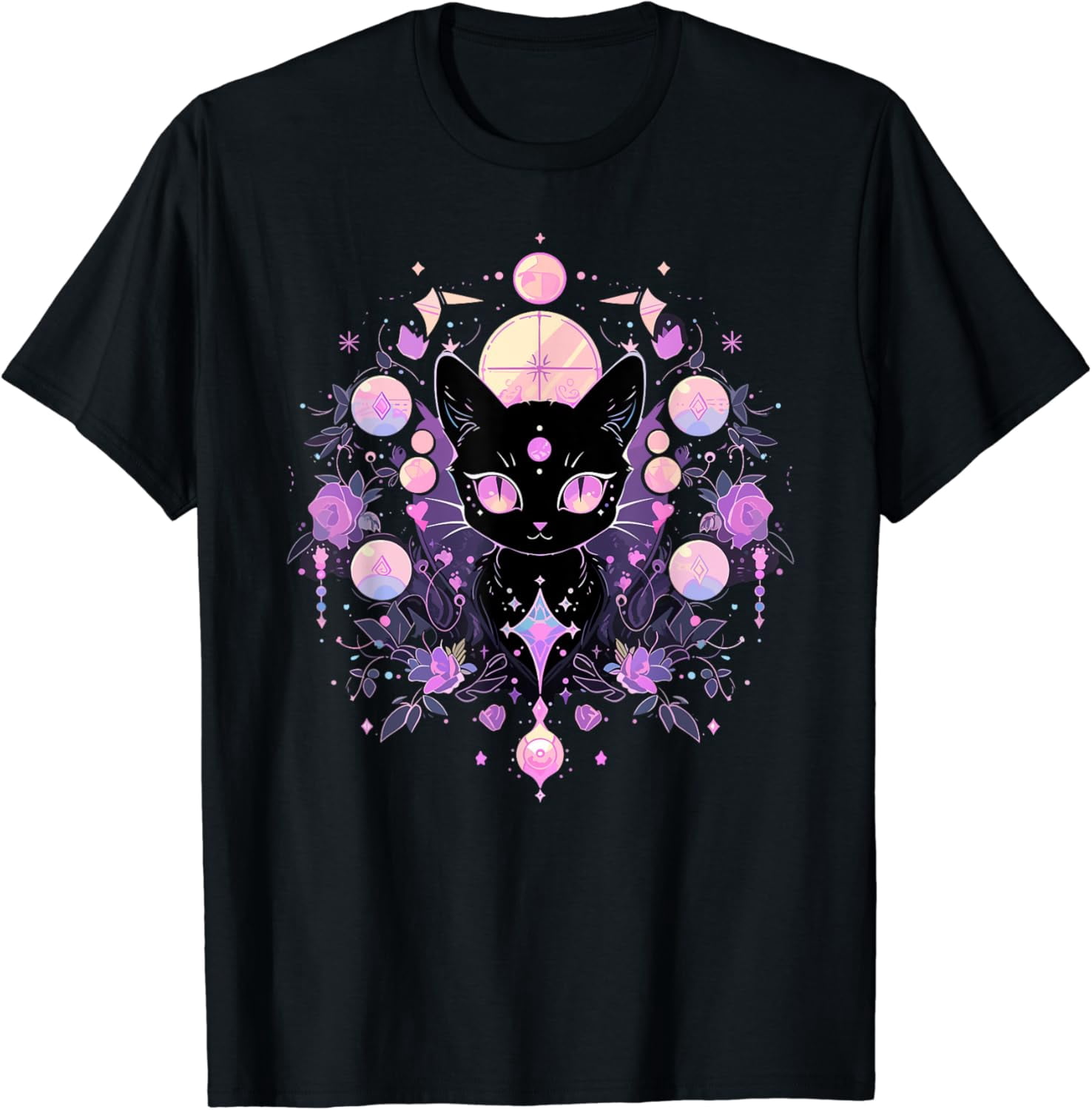 Moon Phases Crystal Witchy Cute Black Cat Kawaii Pastel Goth T-Shirt ...