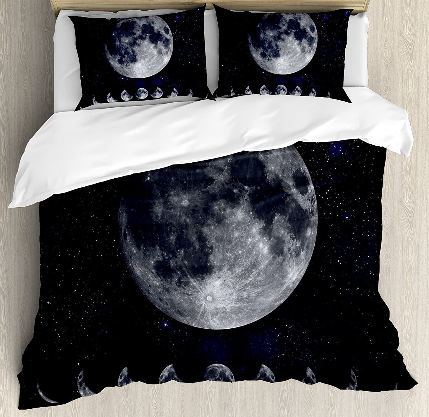 Moon Phases Duvet Cover Set, Giant Moon on The Starry Night Sky Eclipse Movement Celestial ...