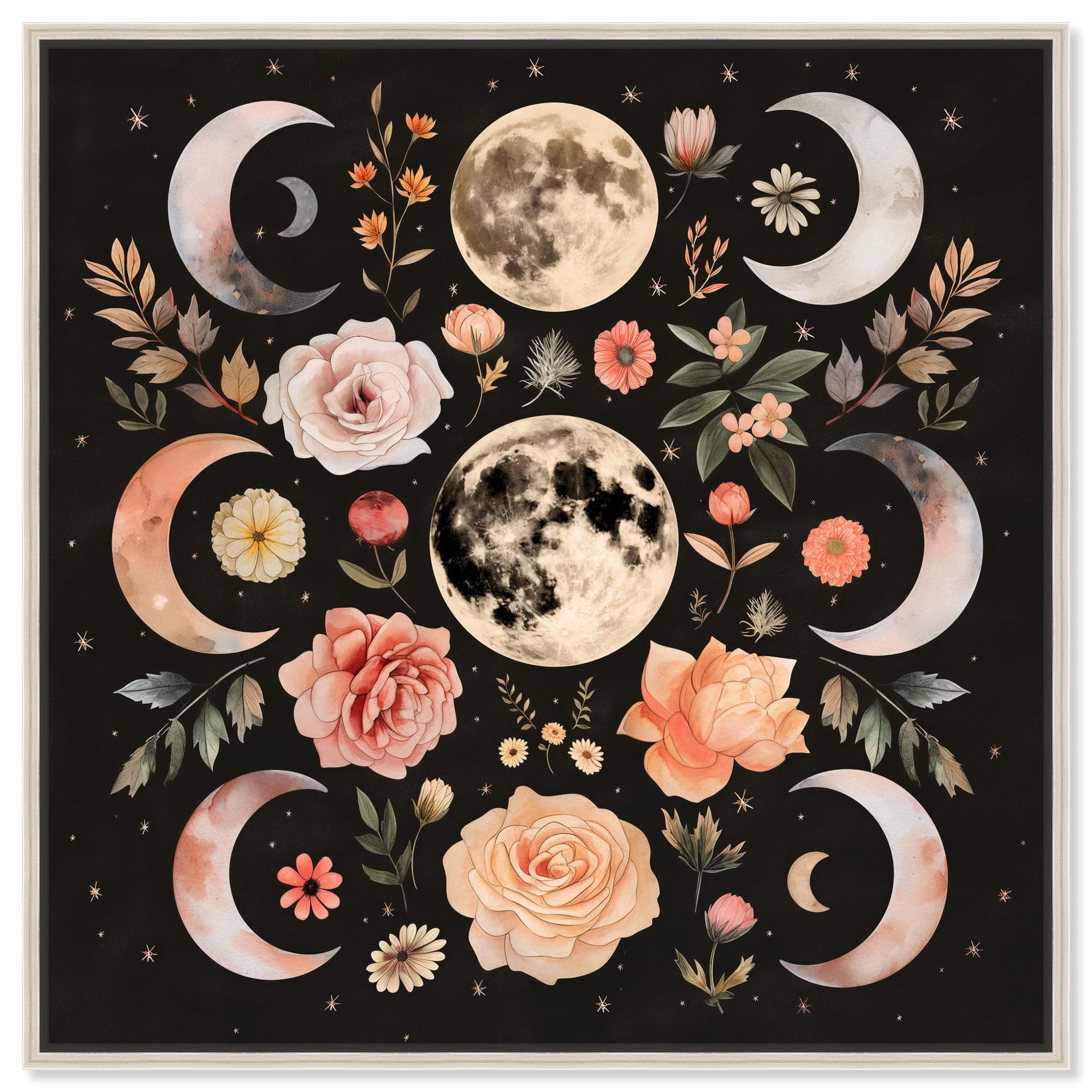 Moon Phases Floral Canvas Folk Art Prints by Art Remedy, Silver Frame ...