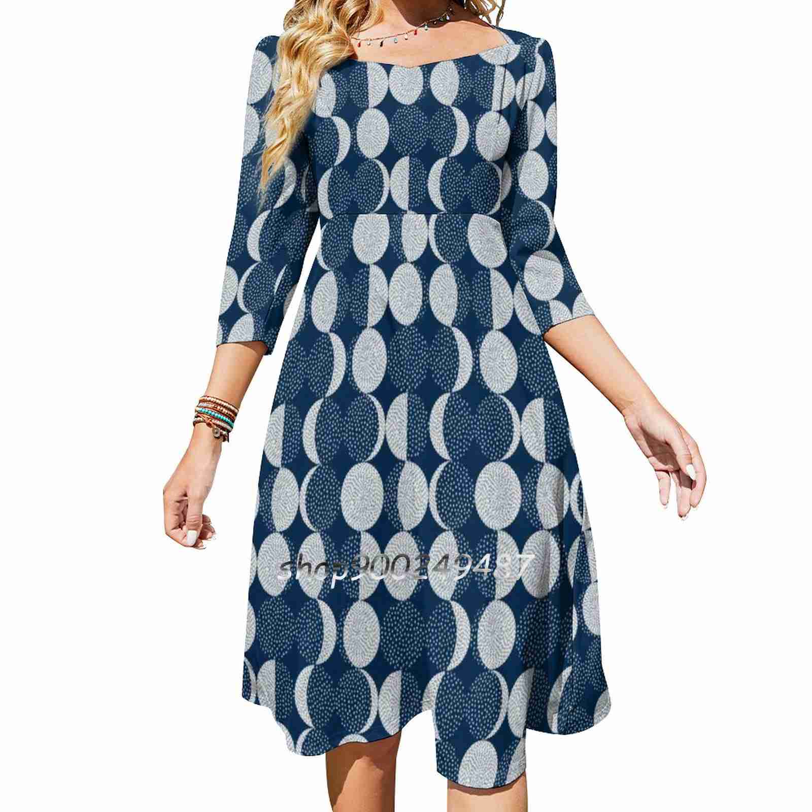 Moon Phases / Repeat Pattern Flare Dress Square Neck Dress Elegant ...