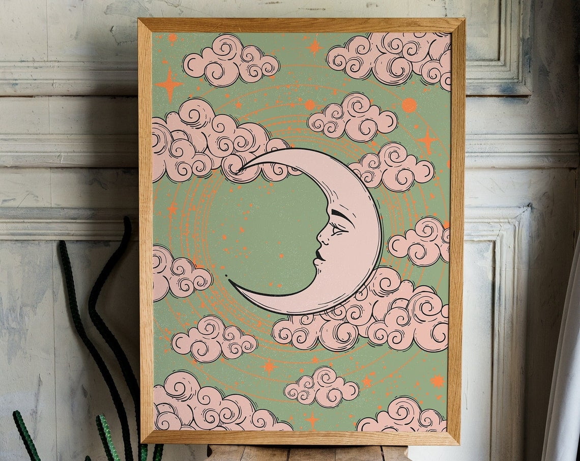 Moon Print, Celestial Print, 70S Decor, Moon And Stars, Vintage Poster ...
