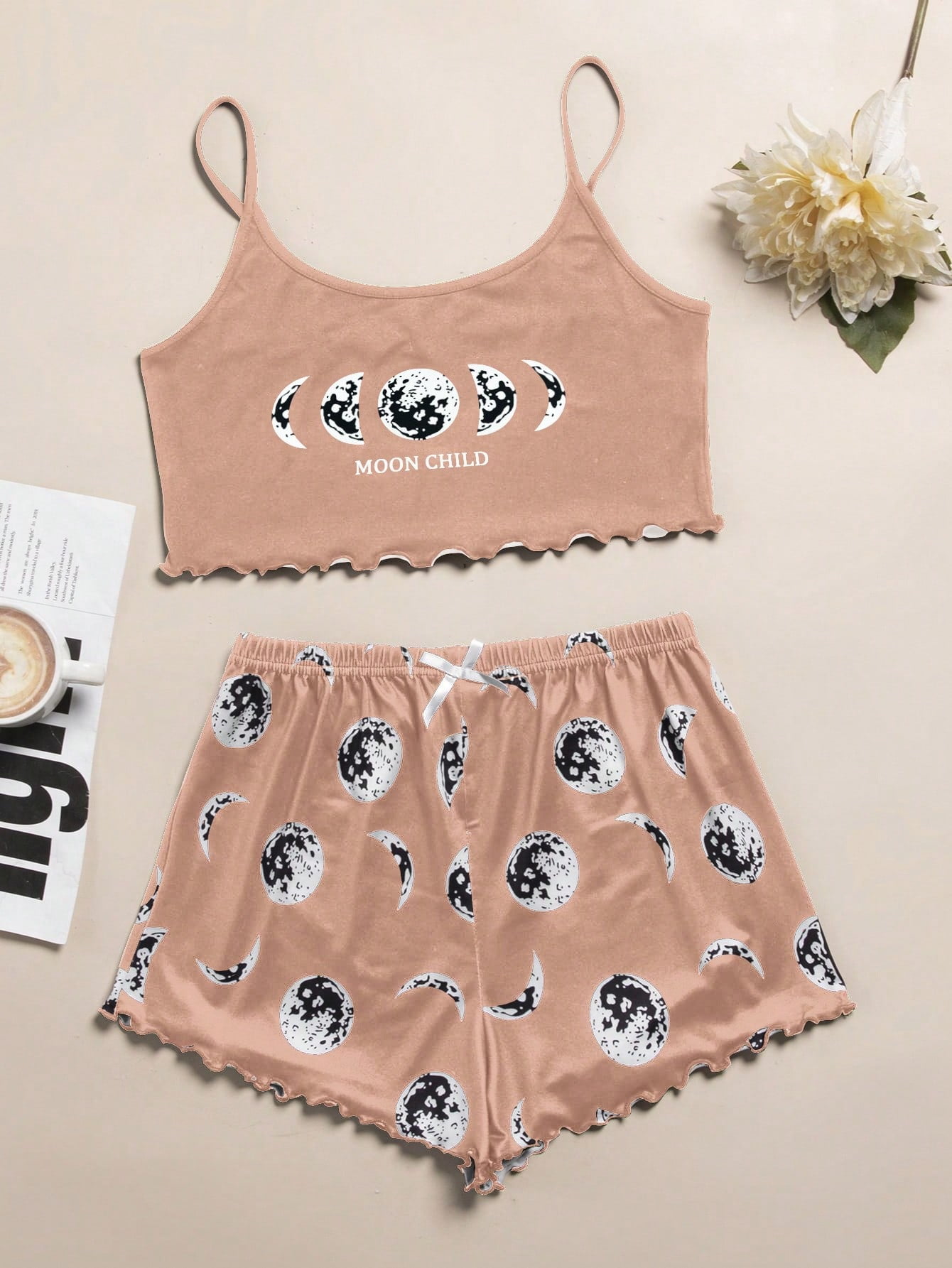 Moon Print Lettuce Trim Cami PJ Set / Pajama Set - Walmart.com