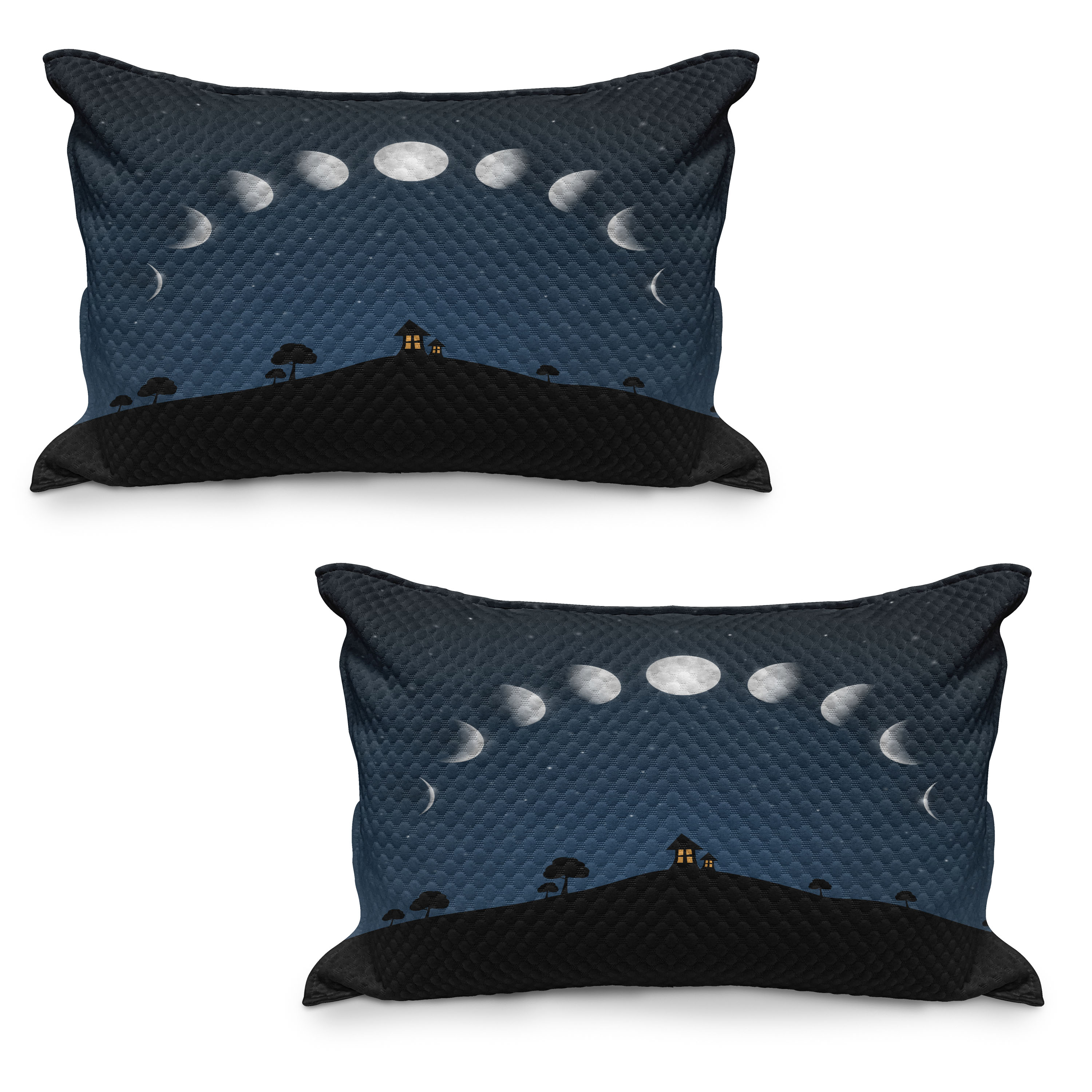 Moon Quilted Pillowcover Set of 2, Lunar Phases and Stars Little Houses ...