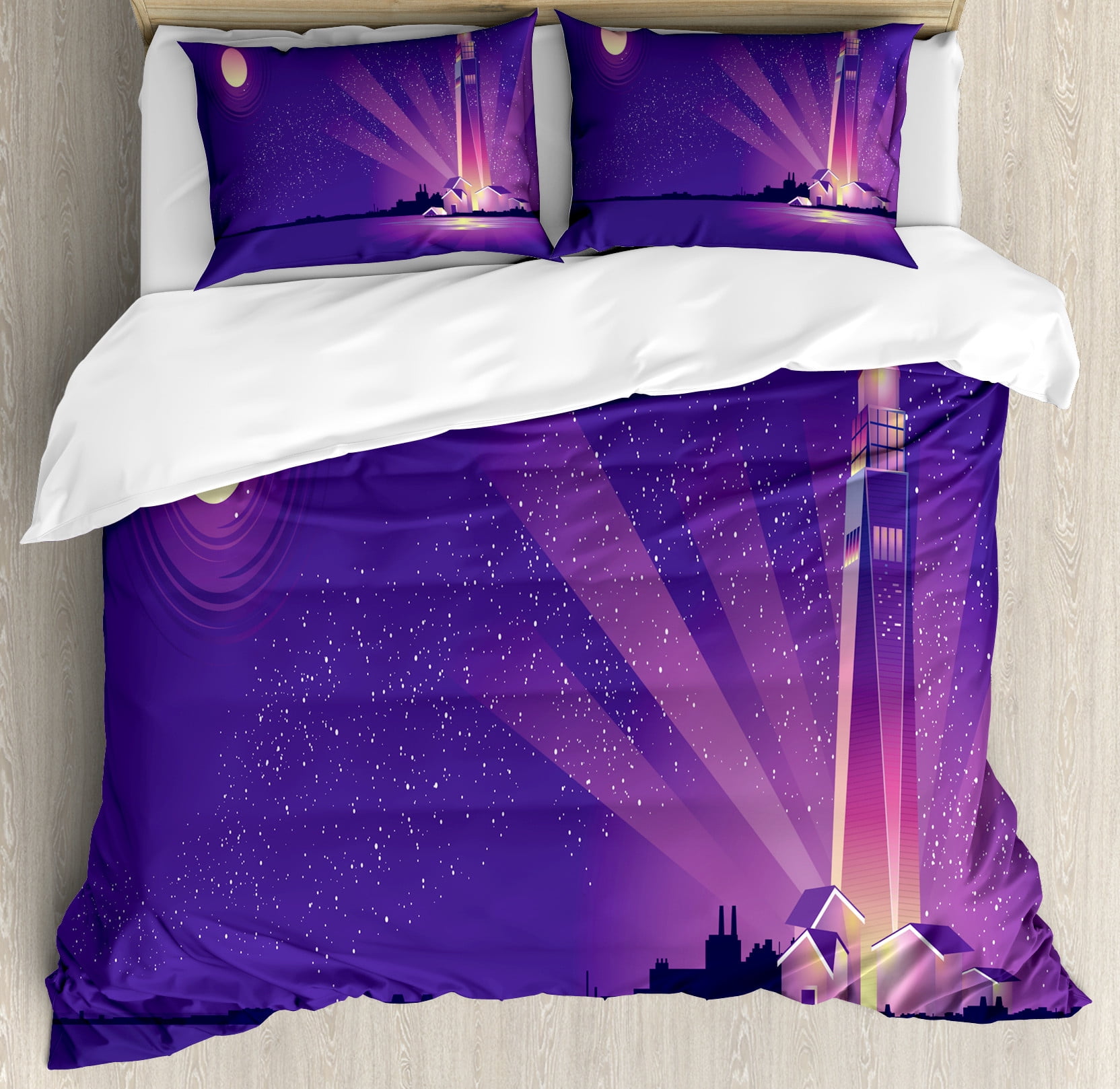 Moon Rays Duvet Cover Set, Lighthouse and Coast Under Starry Night ...