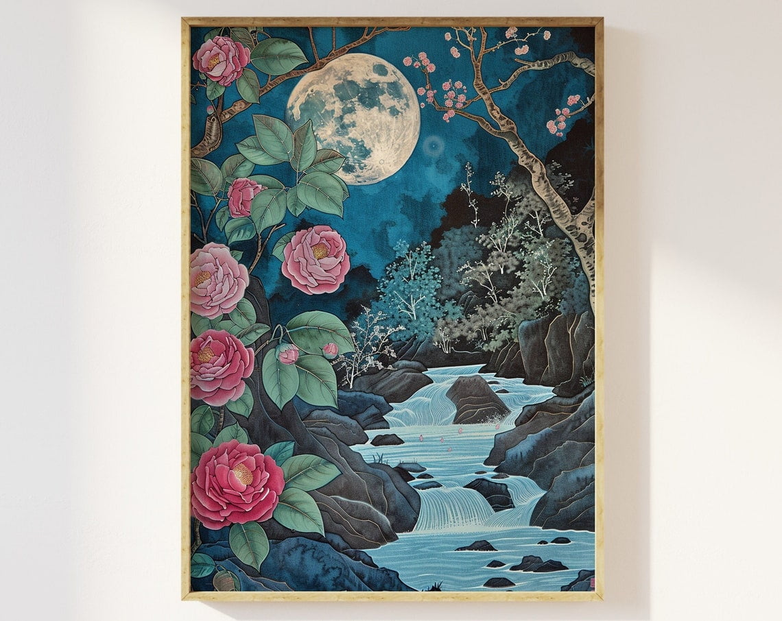 Moon River And Camellia Flowers Art Print Japanese Cottagecore Flowers ...