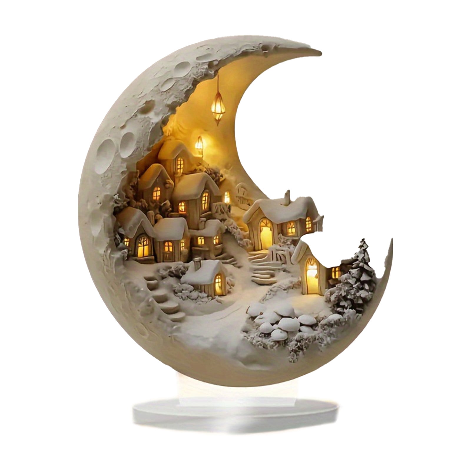 Moon Shaped LED Lighted Winter Village Ornament Decorative Resin ...