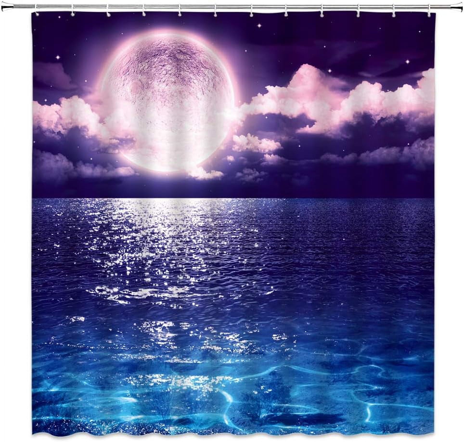 Moon Shower Curtain Full Moon Over Sea Ocean Star Sky Planet Coulds ...
